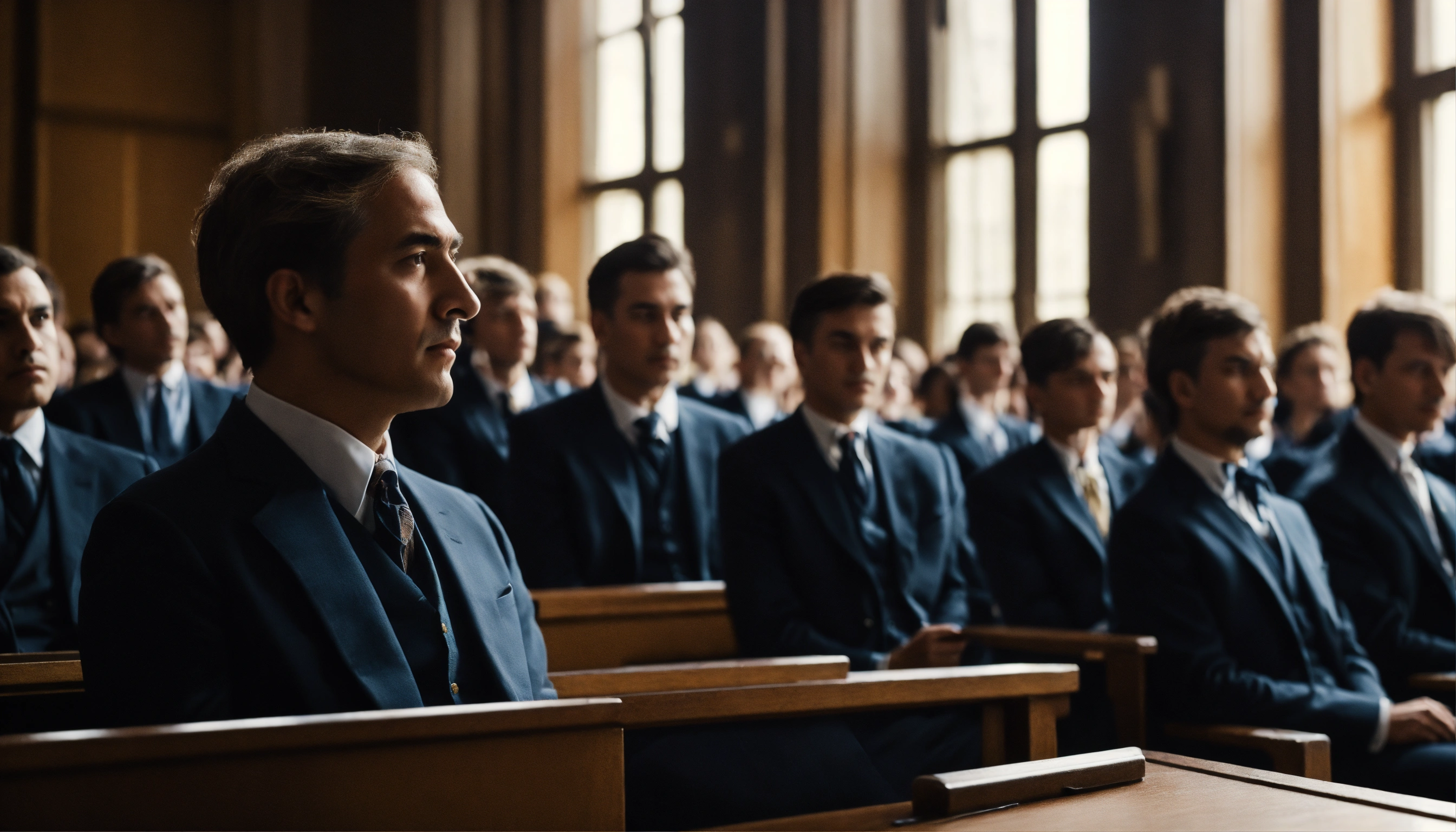 Lexica - High nobles in endless dresses and suits sit in a lecture hall ...