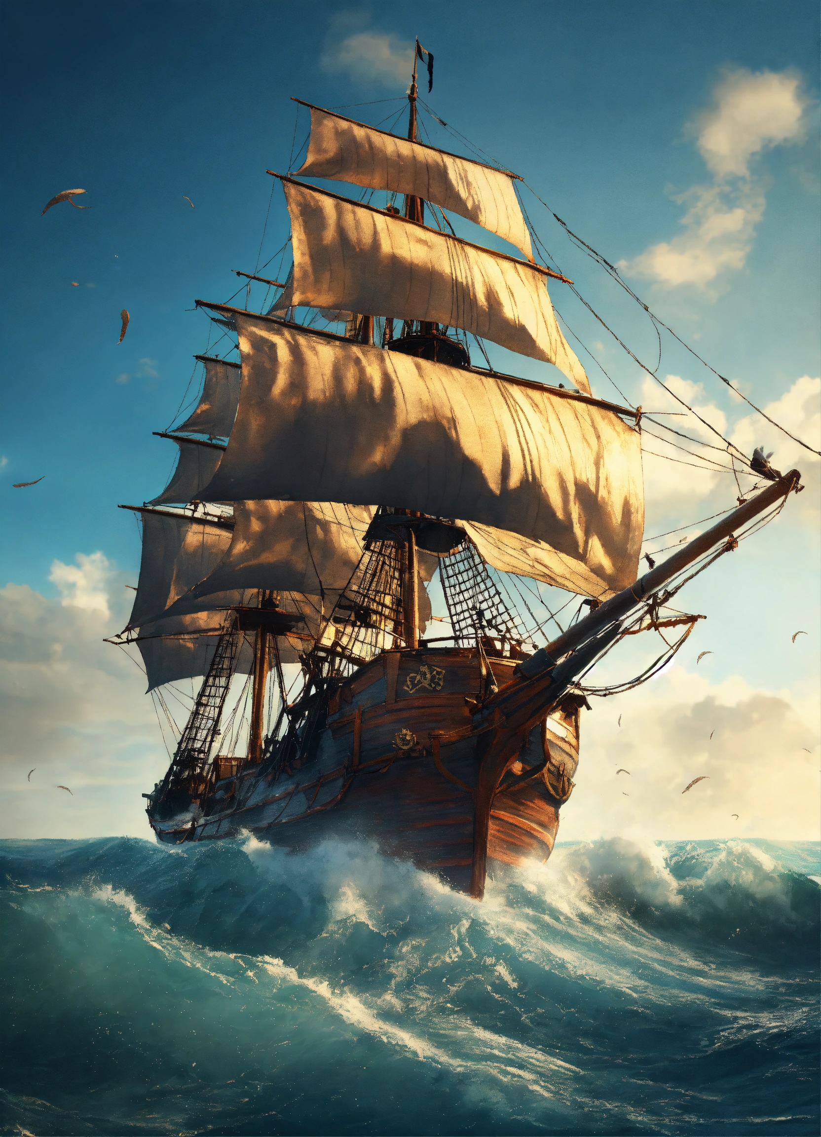 Lexica - Pirate ship damaged sails sailing forward in the waves of a ...