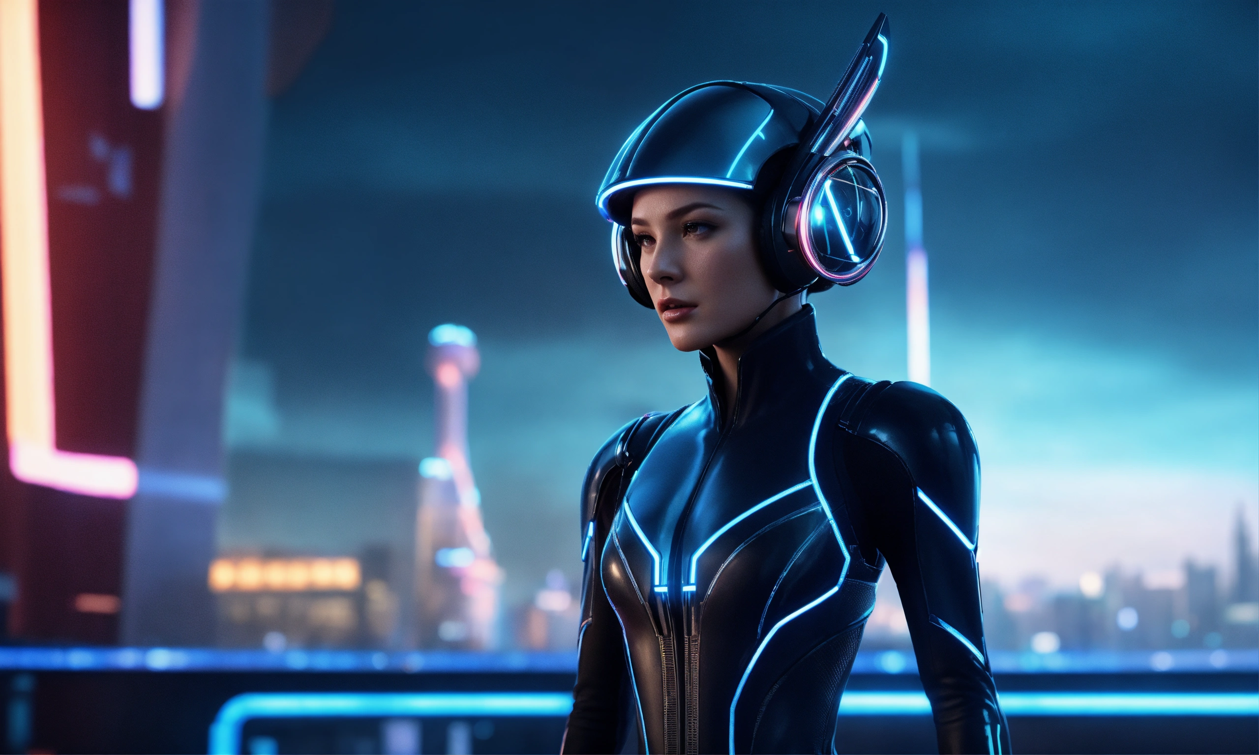 Lexica - Wide shot of a female super spy wearing a tight futuristic spy ...