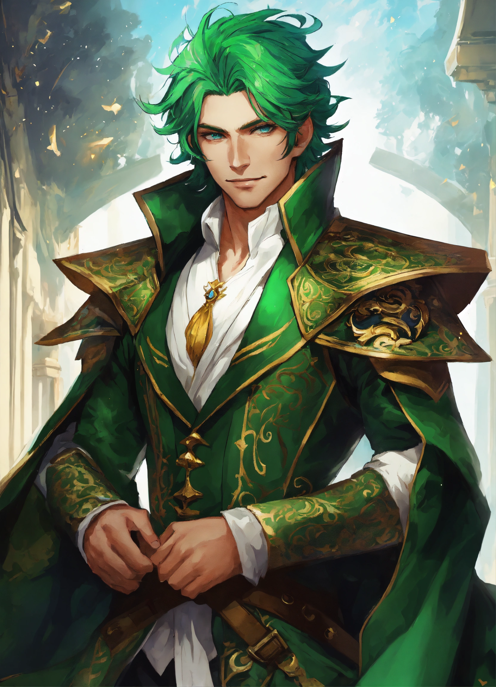 Lexica - Confident male wind mage, green hair, nobleman, smirk, white ...