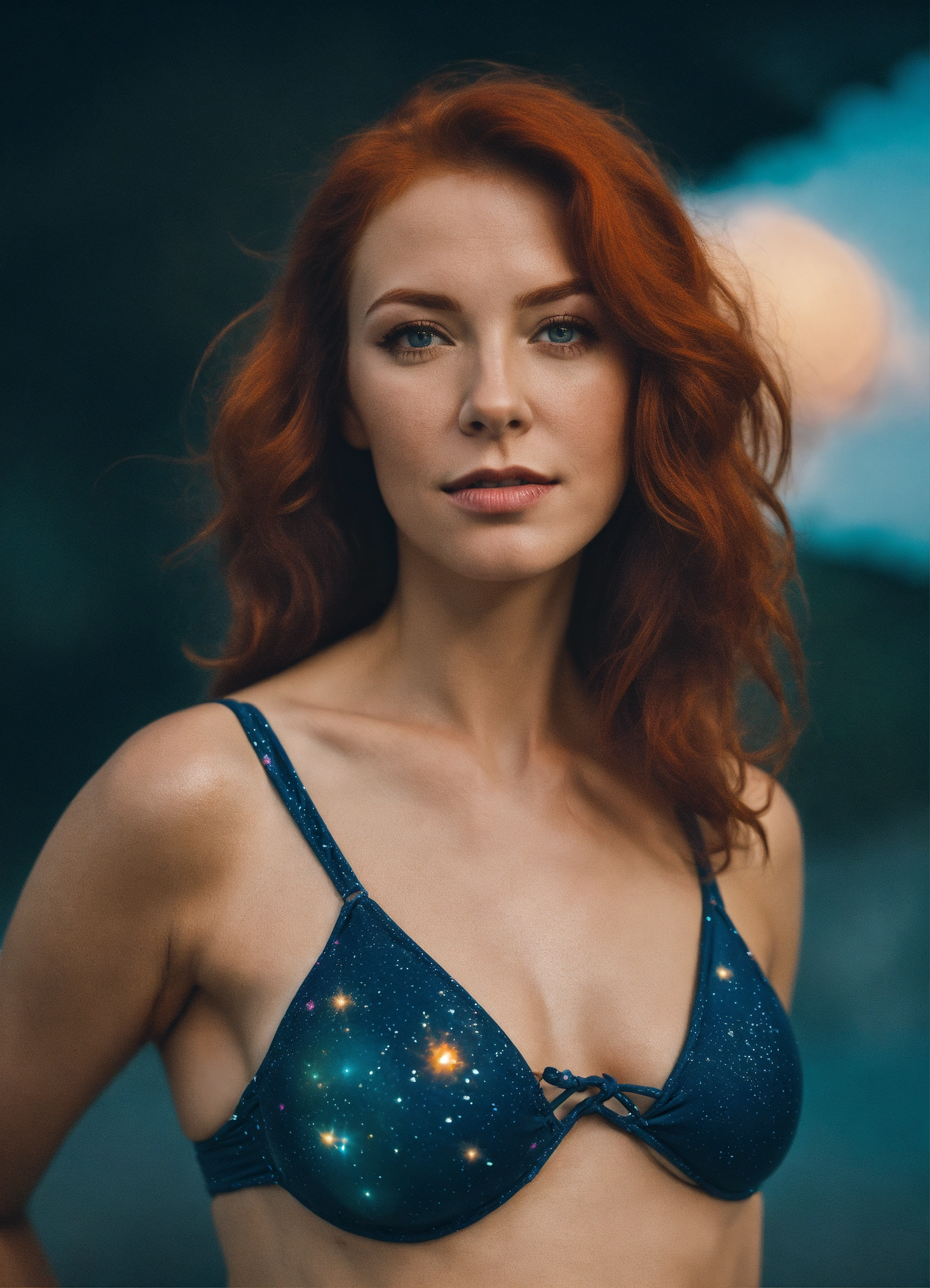 Lexica - A real photo of a 38 year redhead woman, with full lips and big open eyes. she wears a ...