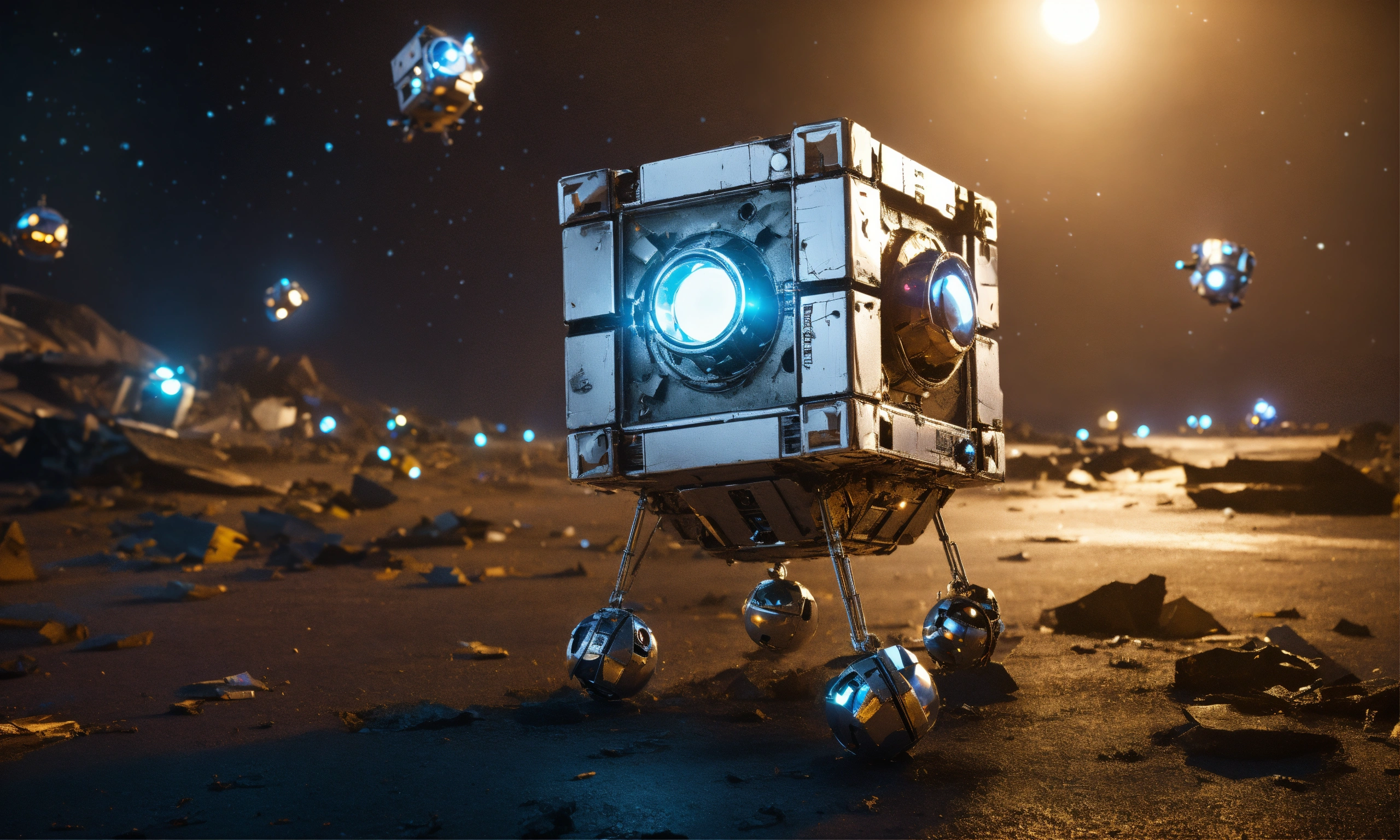 Lexica - Small flying floating polished silver cube bot with 2 round ...