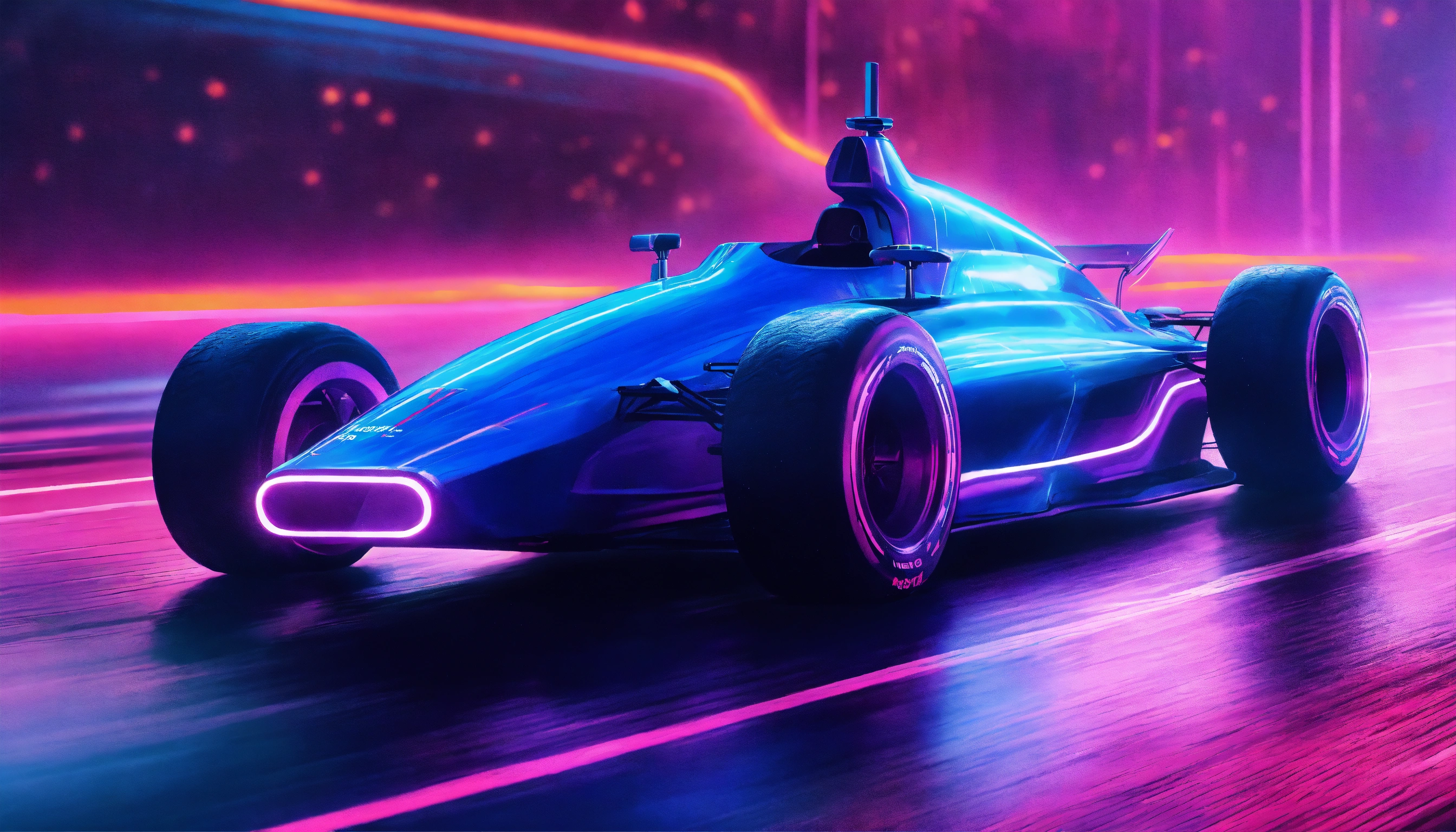 Lexica - Back view of a futuristic formula 1 traveling through neons at ...