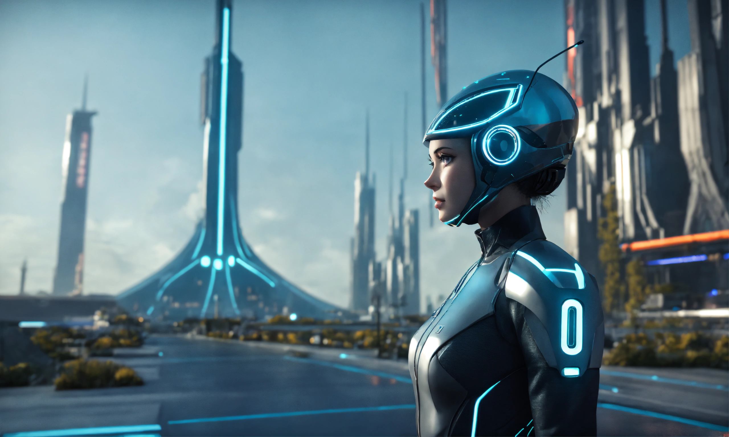 Lexica - Wide shot of a female super spy wearing a tight futuristic spy ...