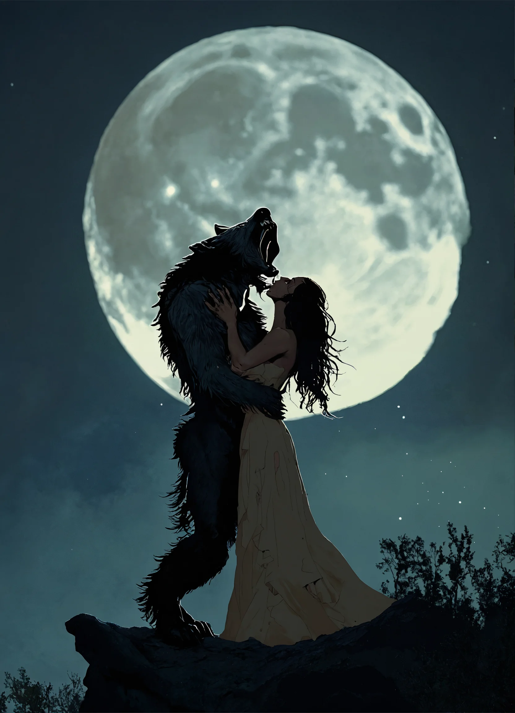 Lexica - Werewolf howling heartbreakingly standing at the moon and holding a beautiful sleeping ...