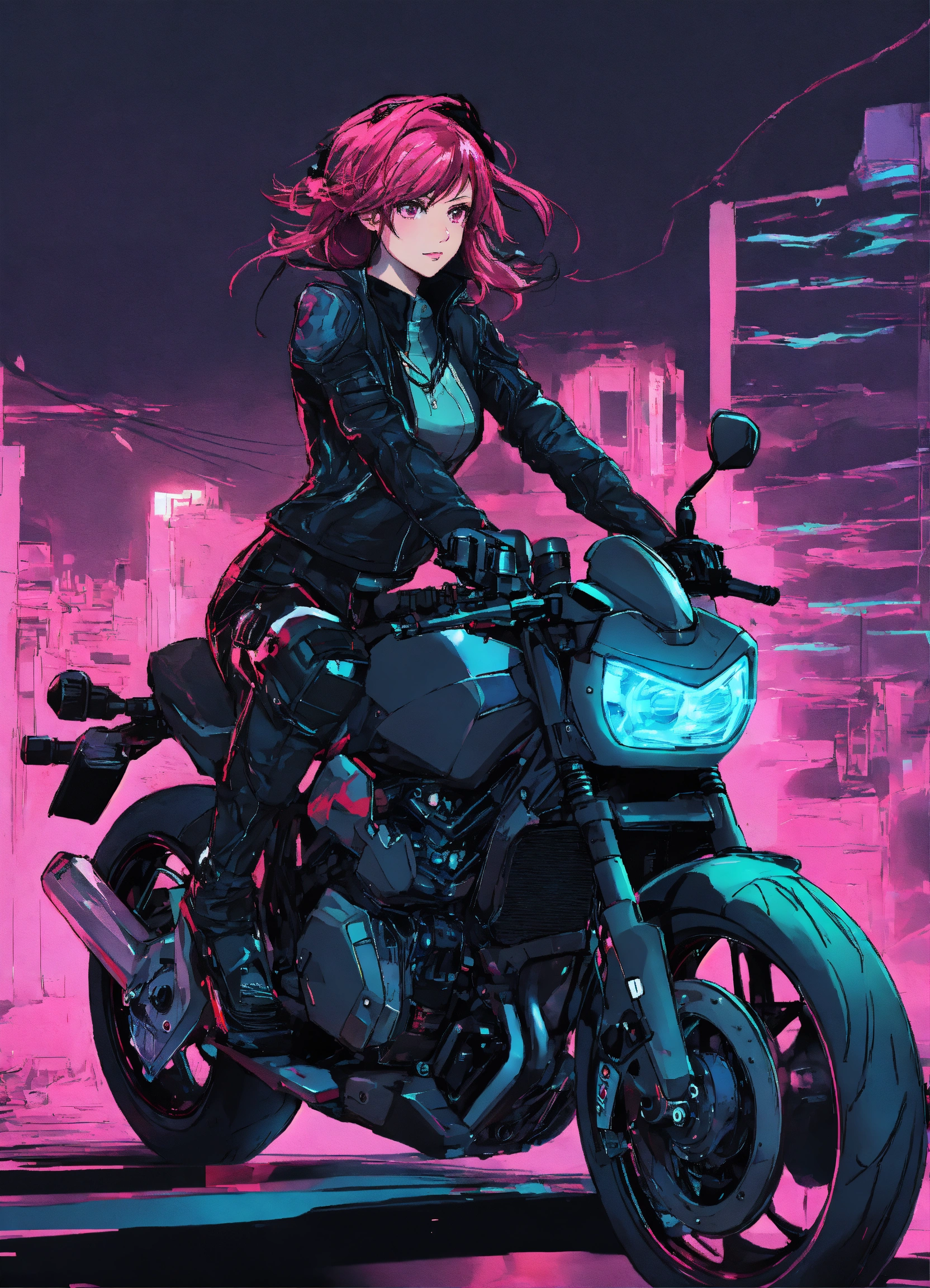 Lexica - Biker woman on a motorcycle, with neon helmet, black leather ...