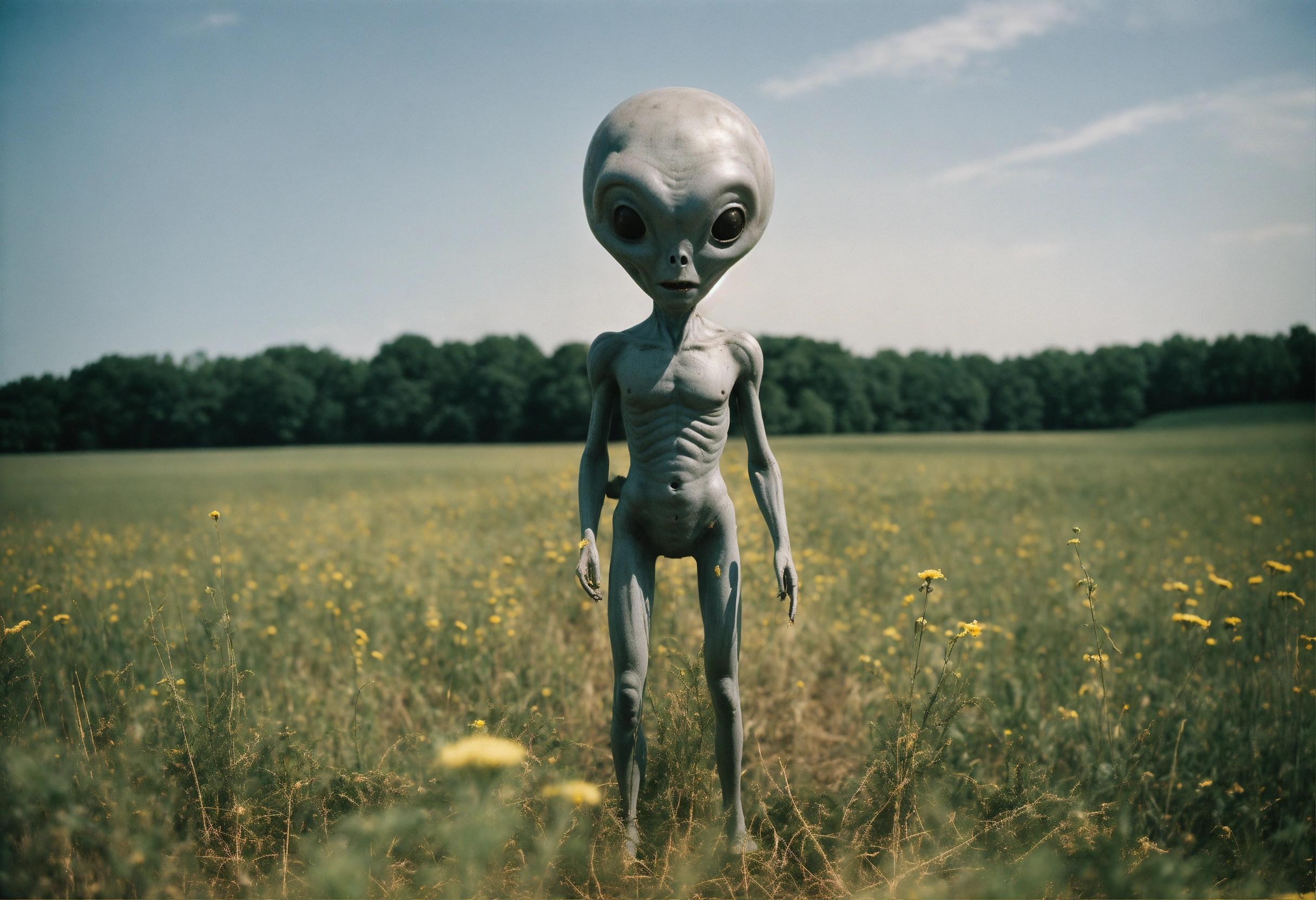Lexica - Very creepy grey alien floating above the ground in a field ...