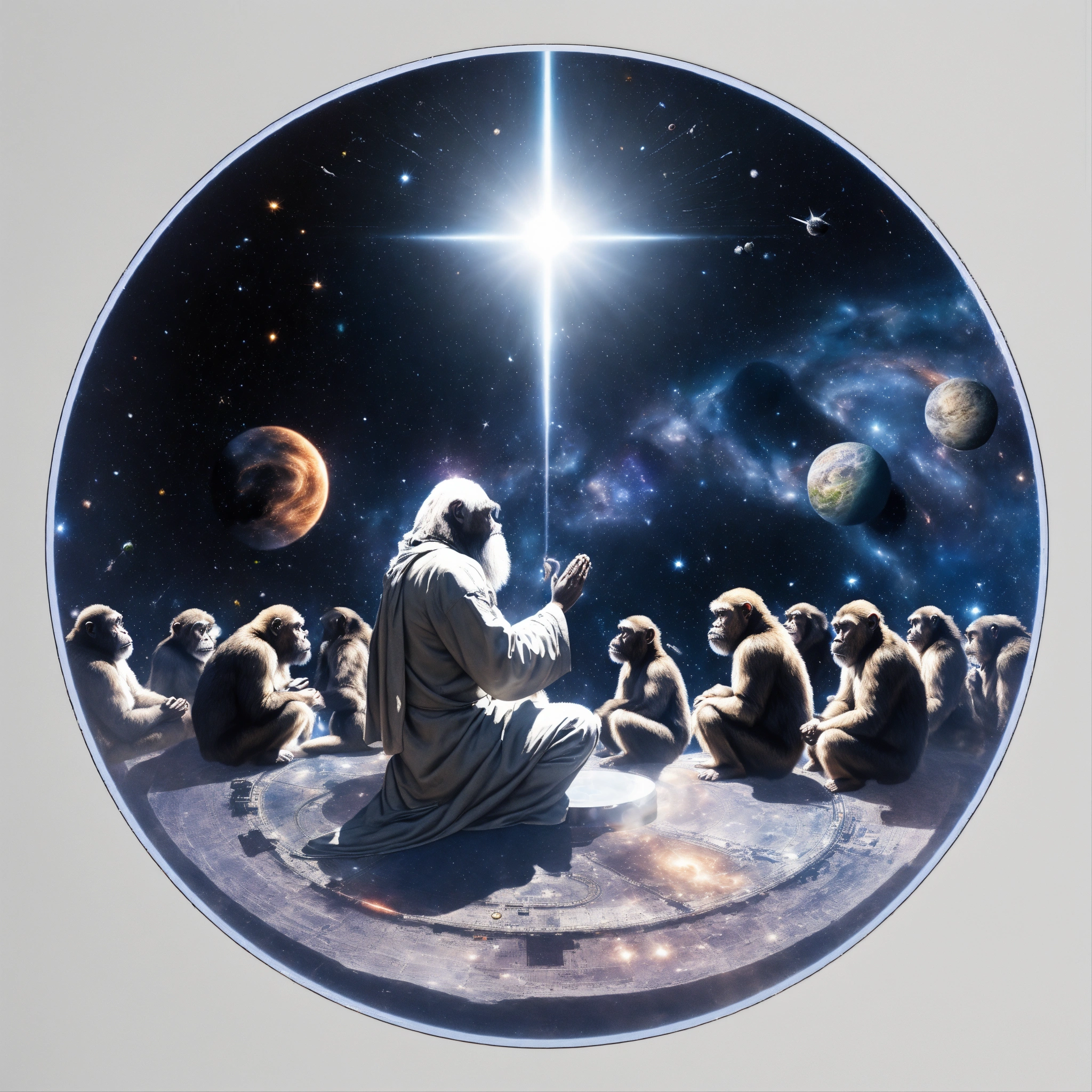 Lexica - Apes praying to a human god in space, in circle image ...