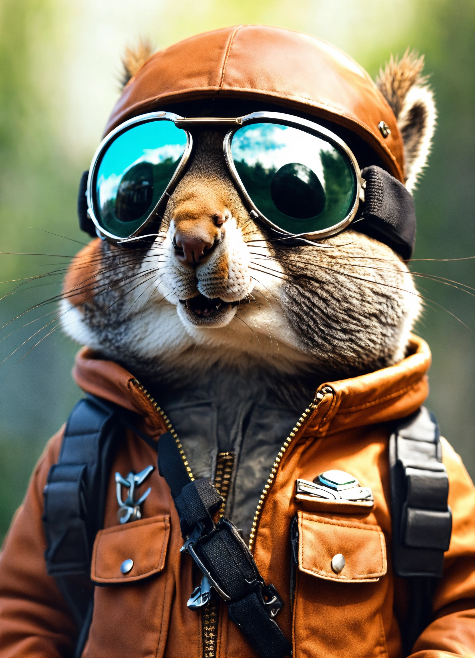 Lexica - A cute squirrel pilot wearing an aviator jacket and goggles