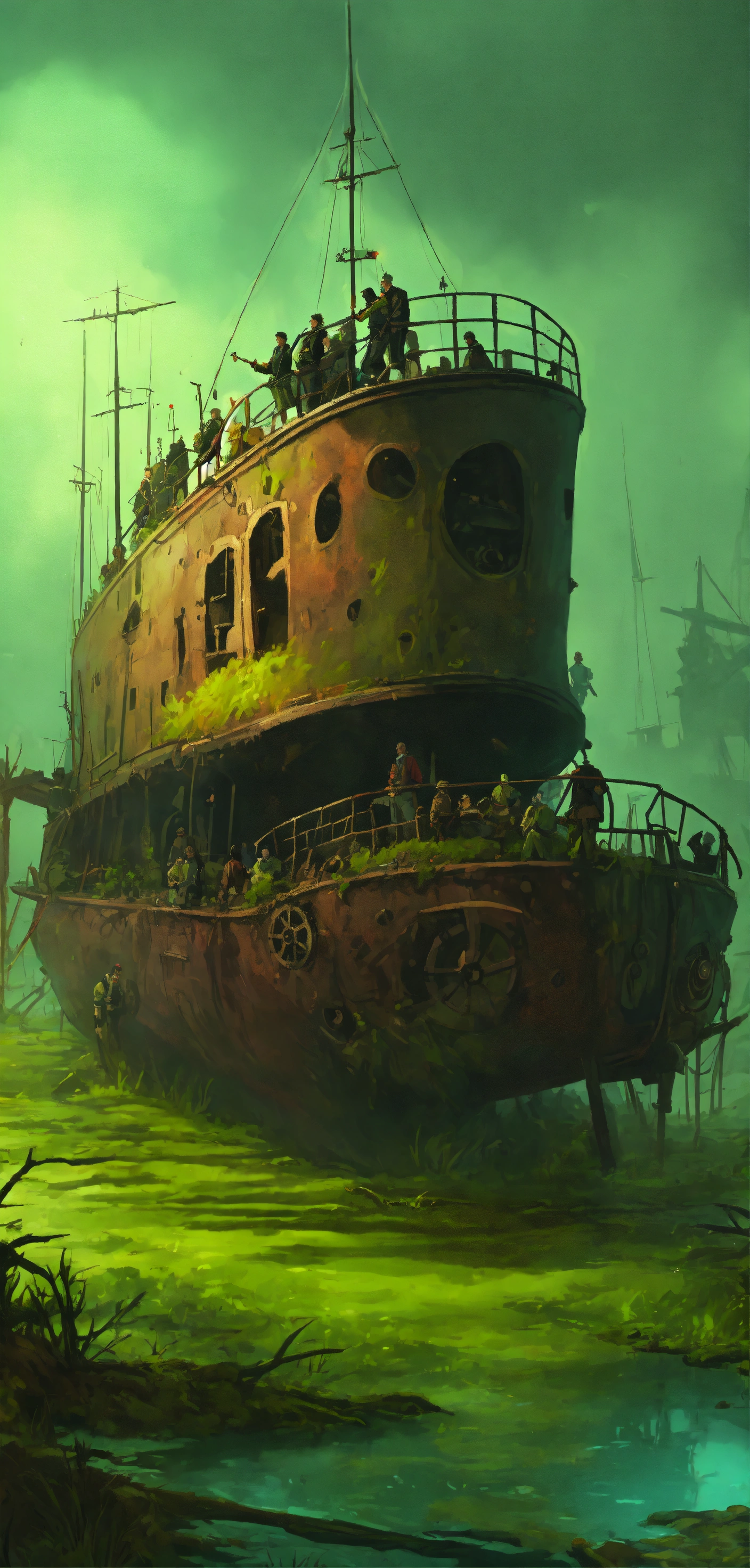 Lexica - Beached steampunk submarine shipwreck in swamp, digital ...