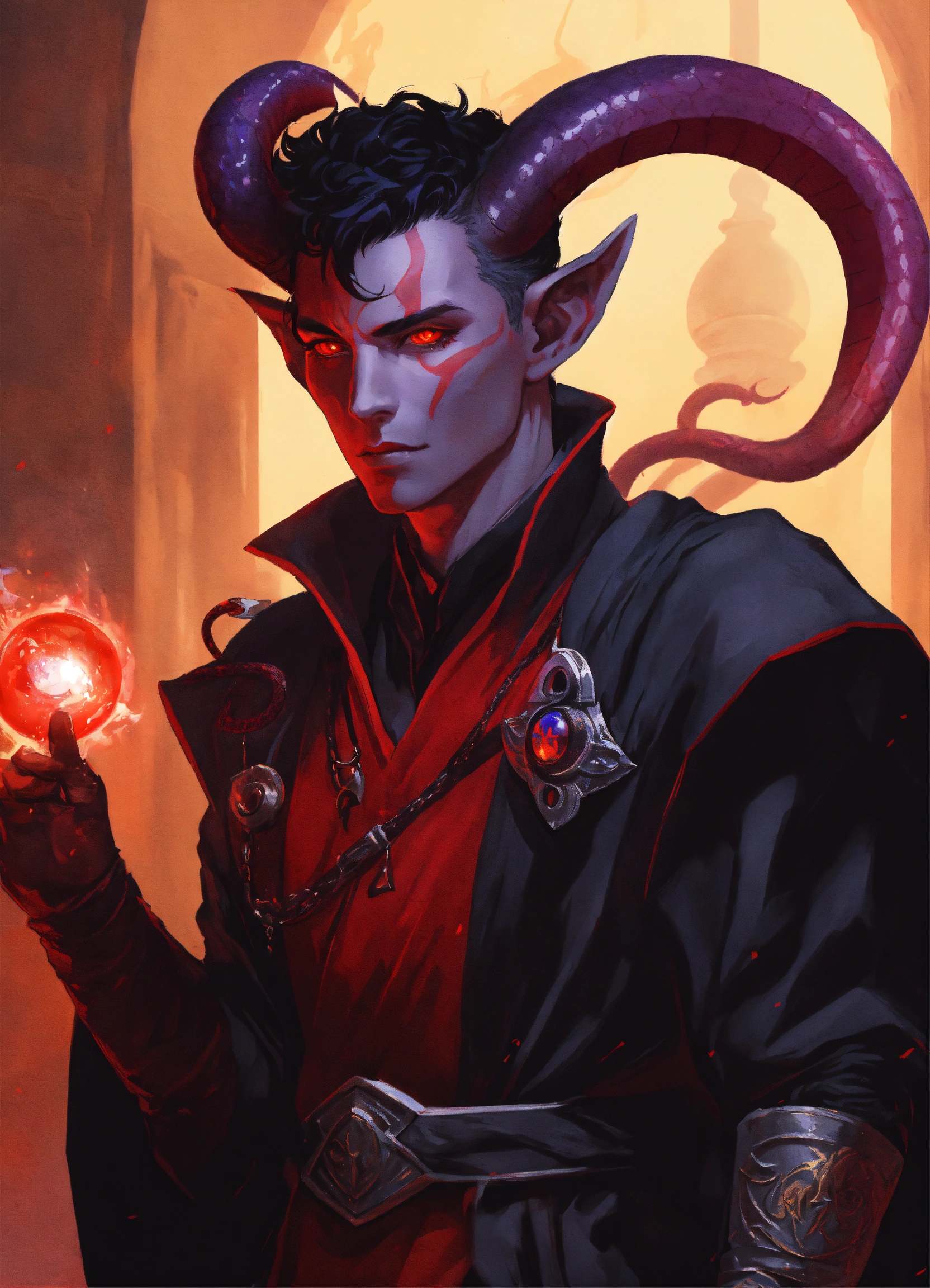 Lexica - A D&D Tiefling with pale red skin and red snake like eyes. He ...
