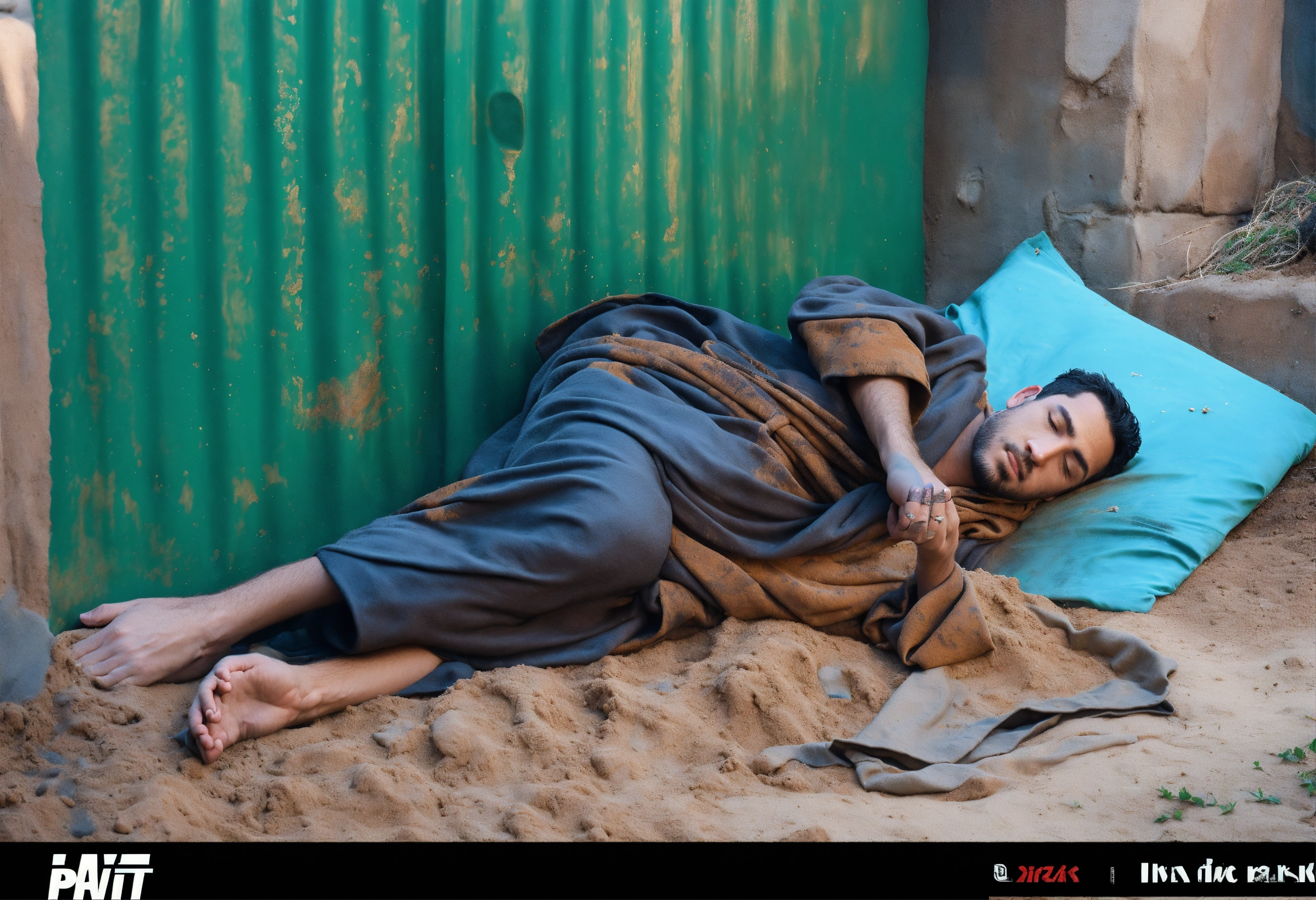 Lexica - A man in dirty robes, laying on his side in the dirt, sharp ...