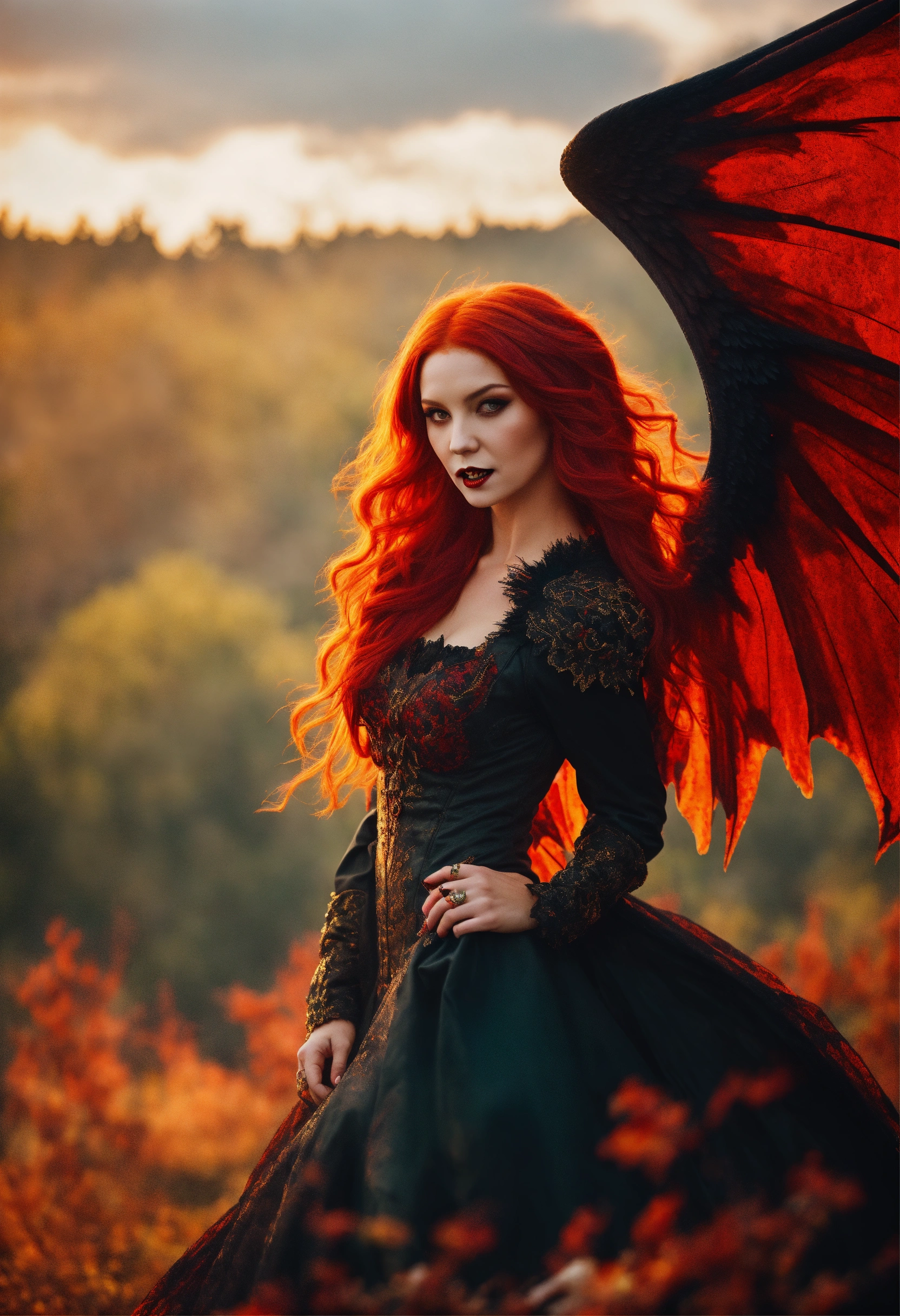 Lexica - Vampire queen with wings and fiery red hair with forest in the ...