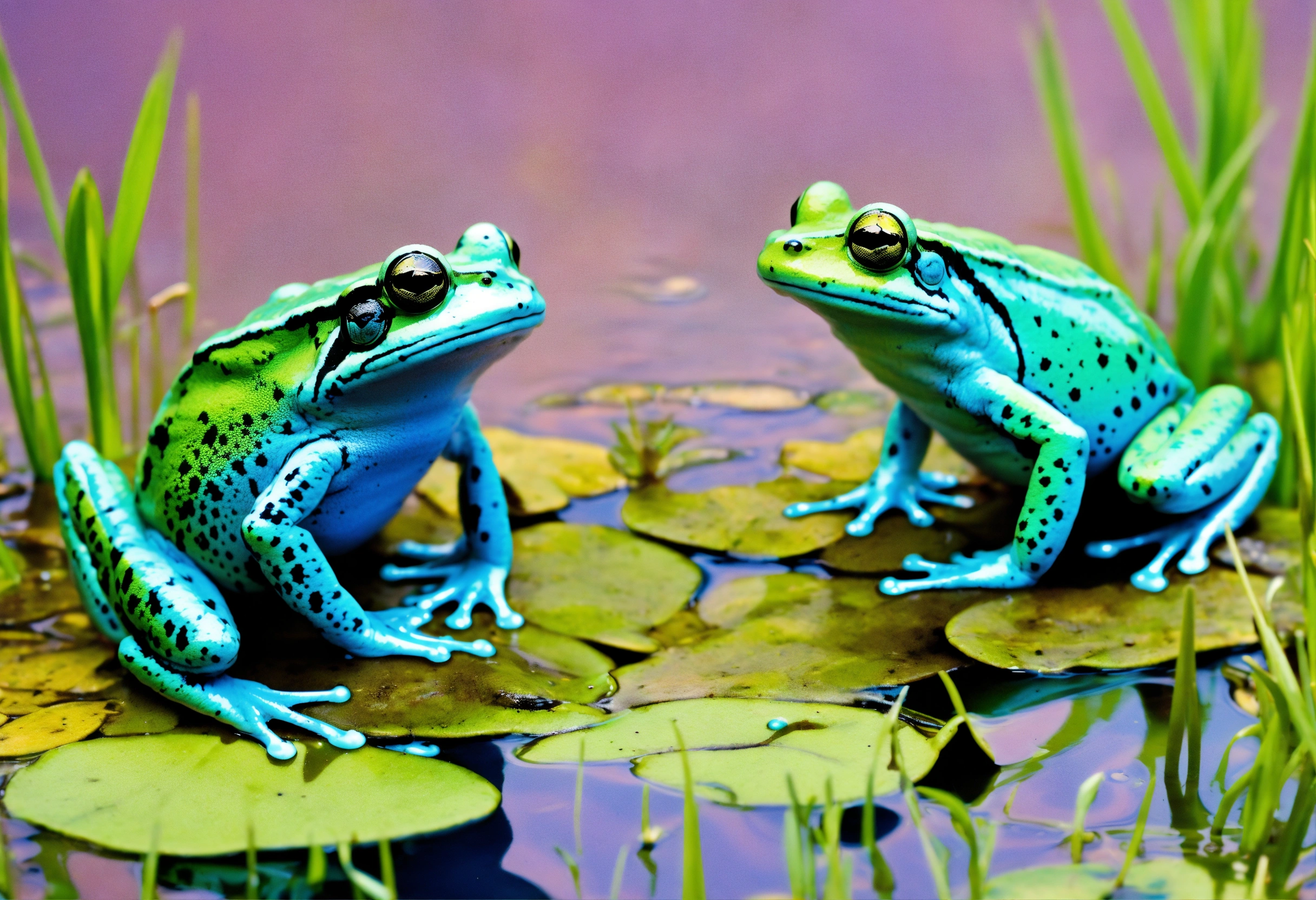 Lexica - Illustration graphic marsh frogs in tie-dye, surreal mauve hues, surreal green/yellow ...