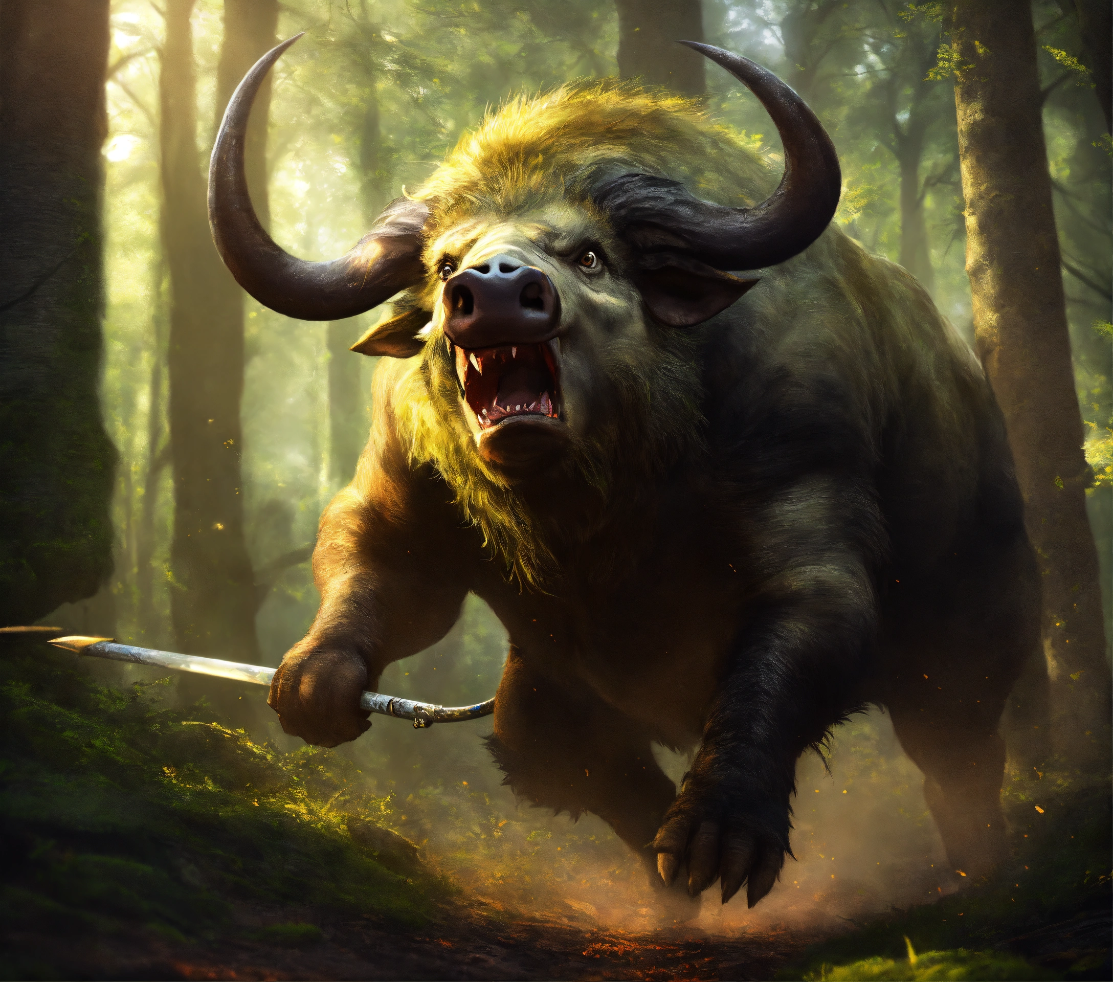 Lexica - Ogre female with horned wild boar, charging in wild forest ...