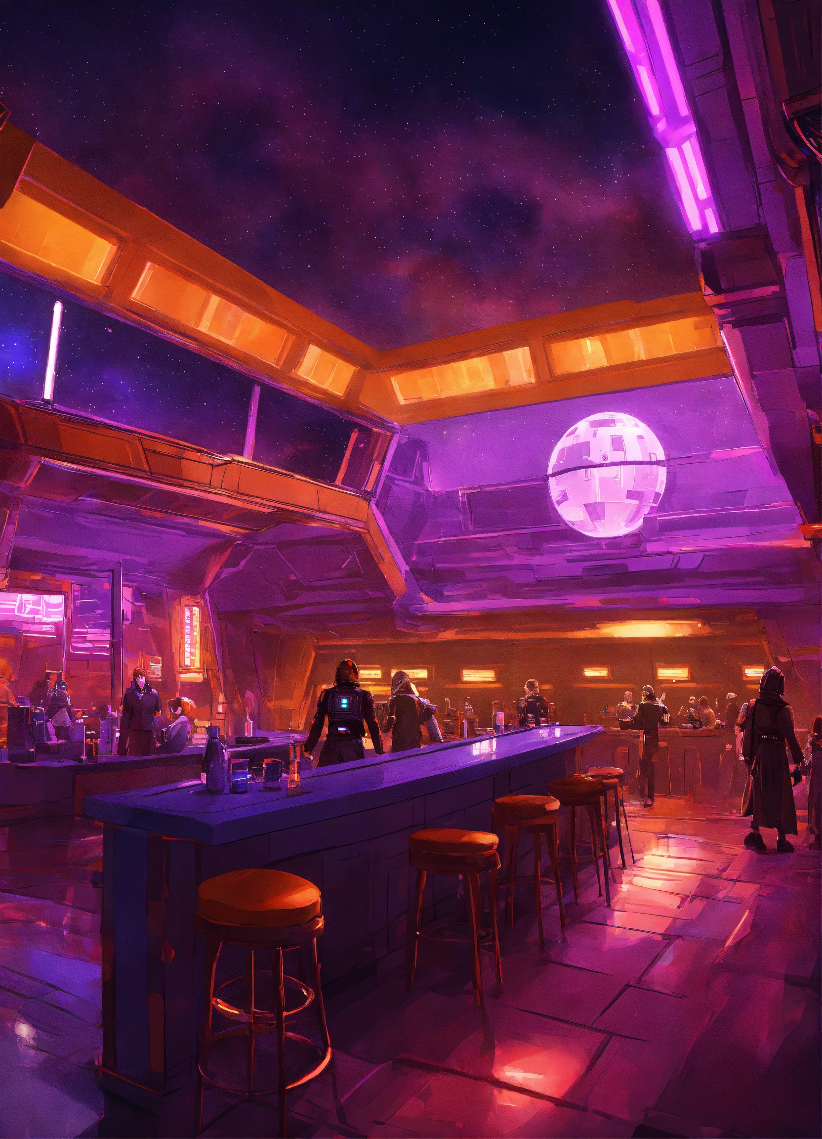 Lexica - Digital art of a Star Wars night club with purple and orange ...
