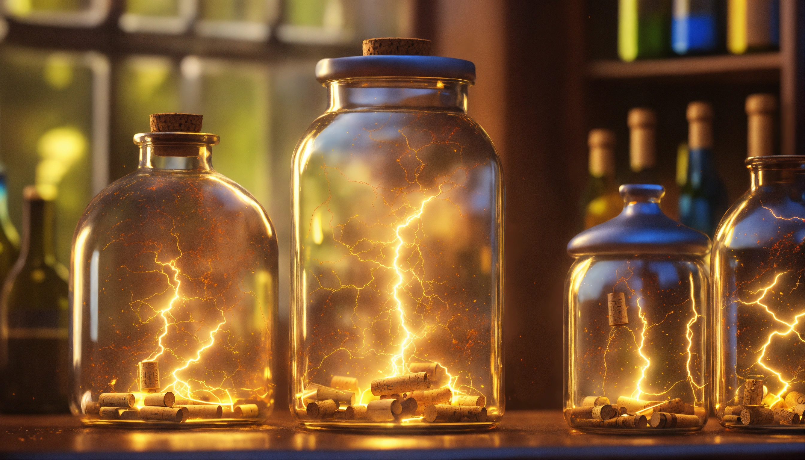 Lexica - Lightning in bottles on satin. Jars of lightning with a wine ...