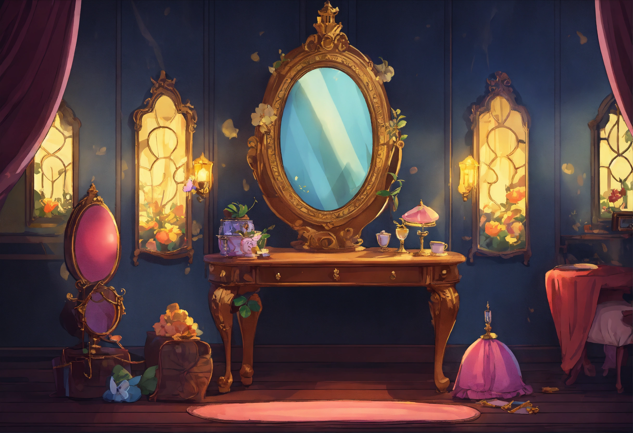 Lexica - Cartoon fairy taie style image mirror on table in dark castle room