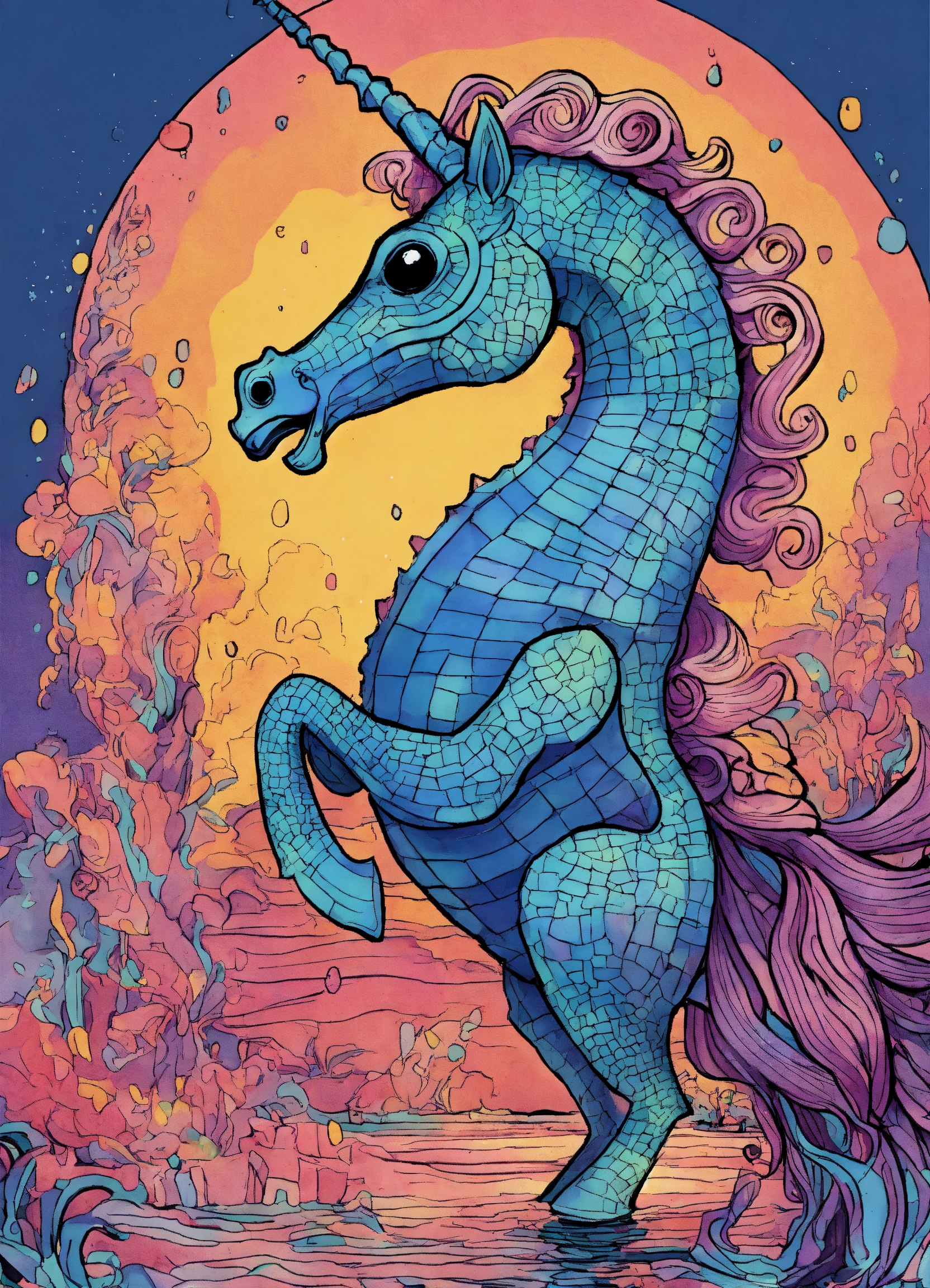 Lexica - An ink drawing of an anthropomorphic sea horse at a rave
