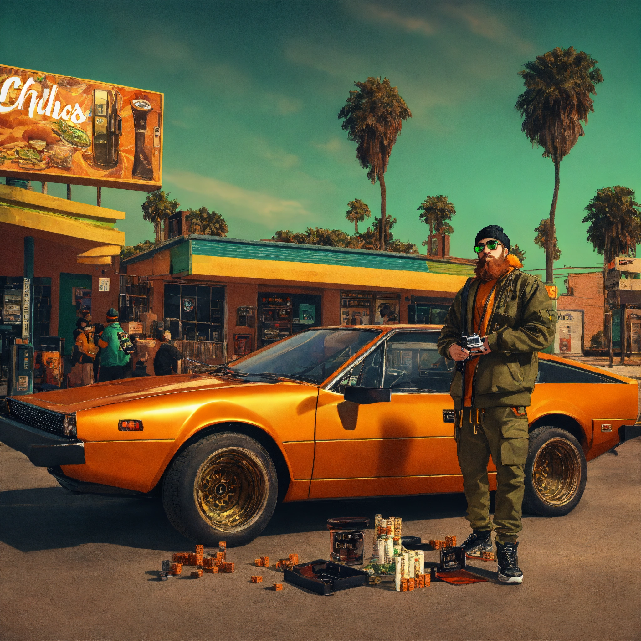 Lexica - HD, 4K, Background is a gas station with trap scene in the ...