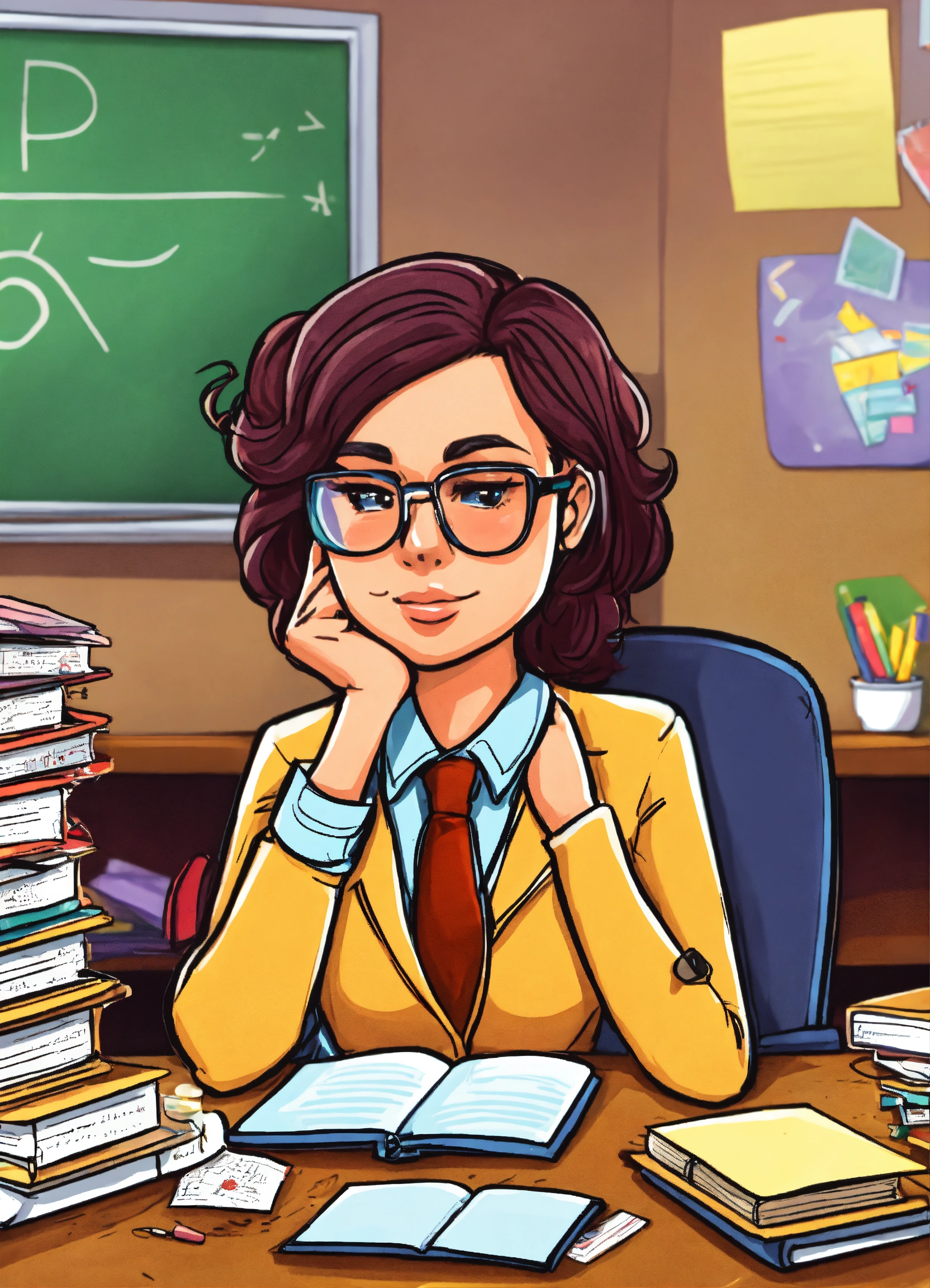 Lexica - Exhausted teacher at her desk in classroom, cartoon, sticker