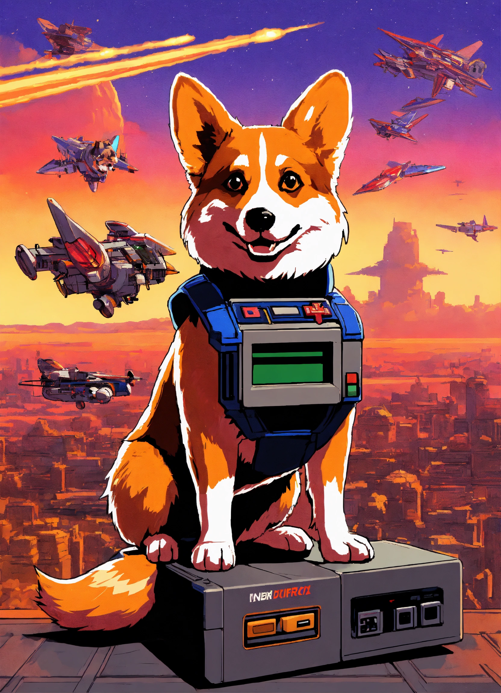 Lexica - 16bit black tri colored corgi super nintendo starfox cover