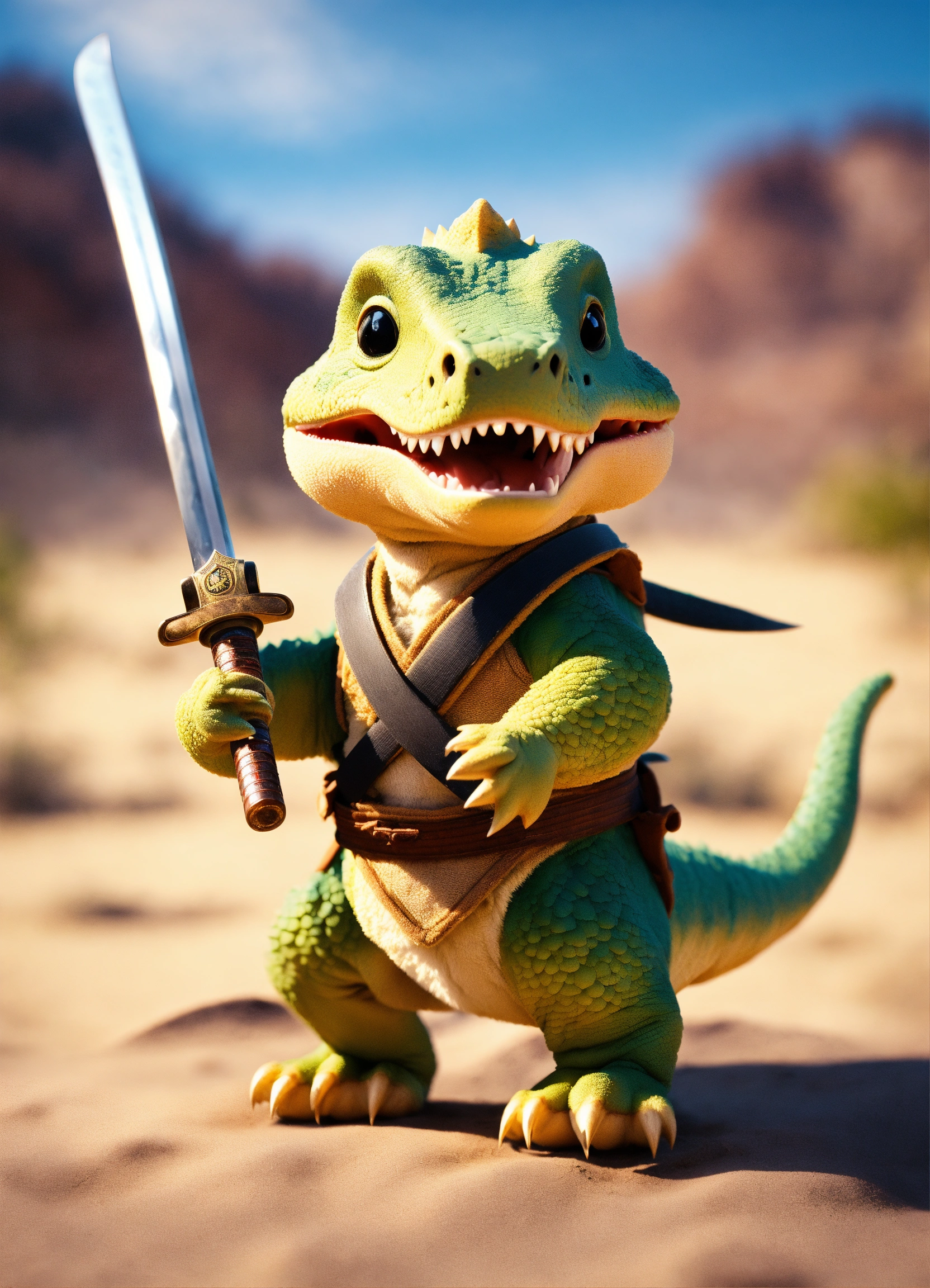 Lexica - An adorable and fluffy baby dinosaur, samurai, western, desert ...