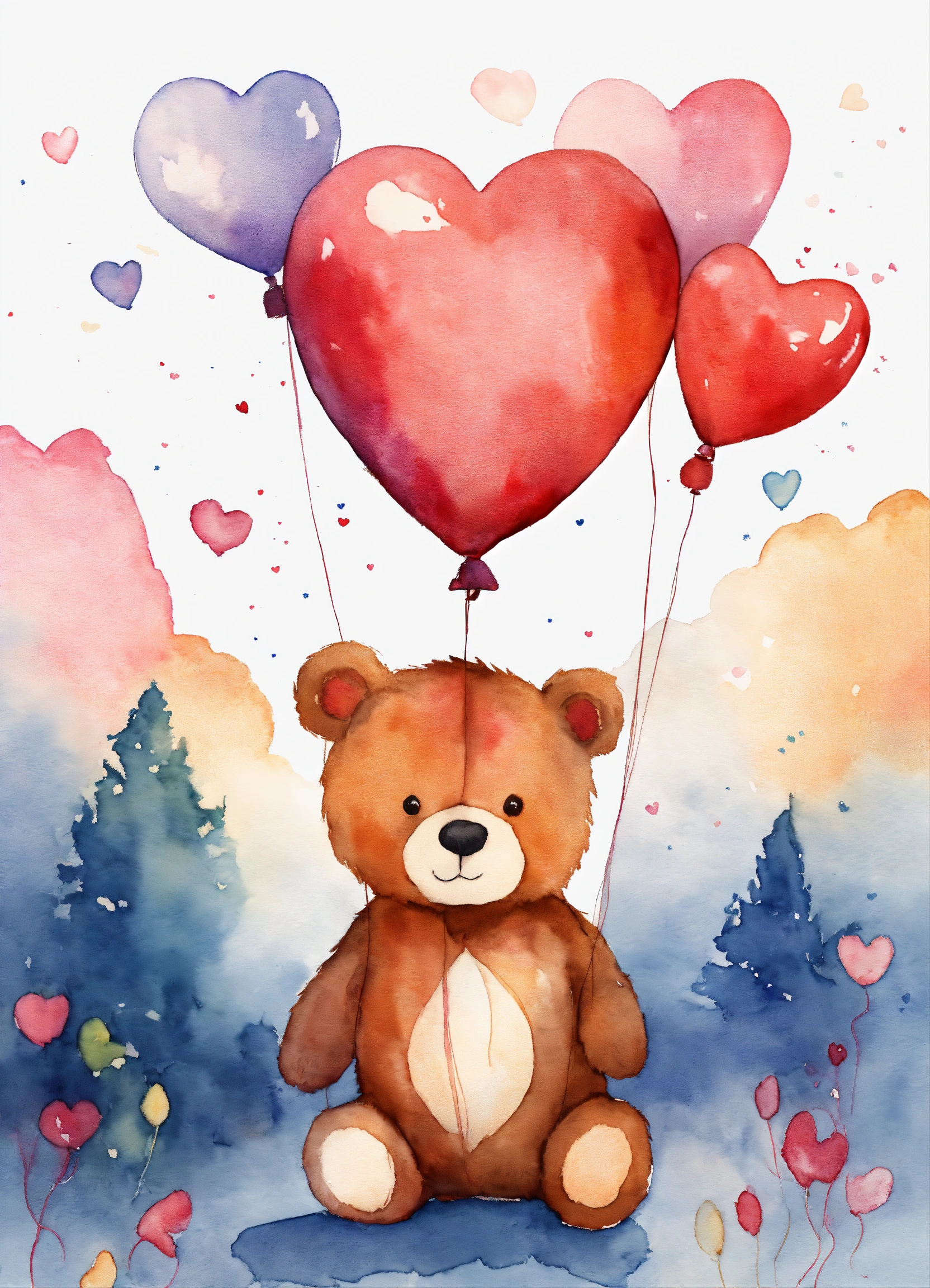Lexica - A cute romantic bear with ballon heart watercolor style