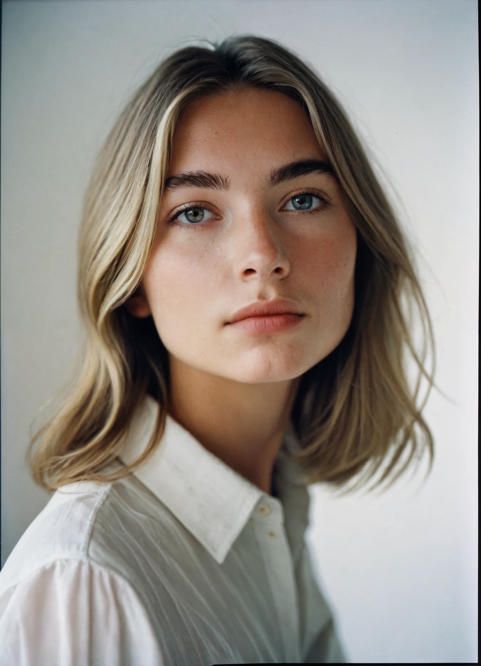 Lexica - Dark blonde female face seeable brows hazel eyes small lips ...