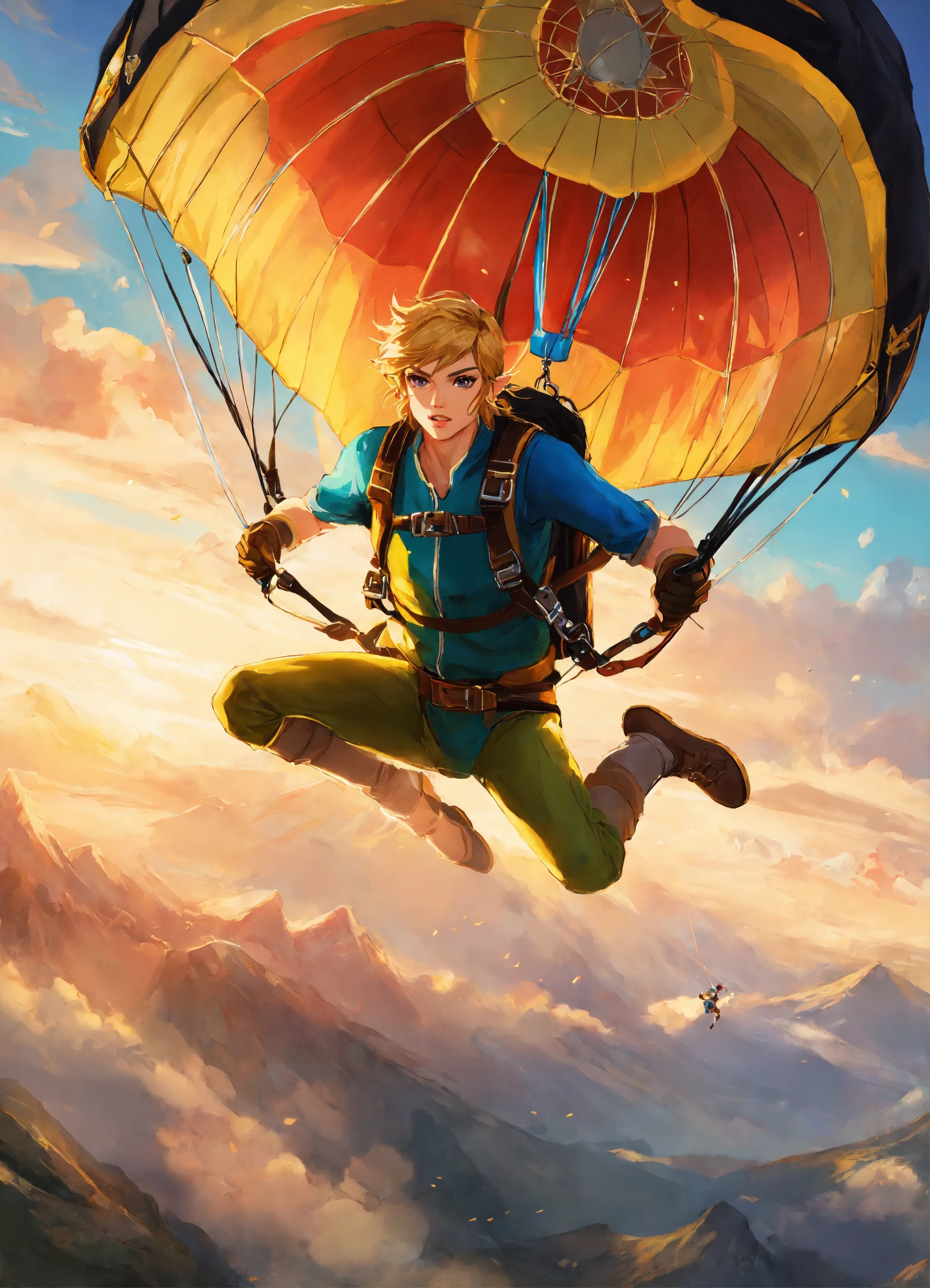 Lexica - Portrait of Link skydiving with a paraglider, in a black and ...