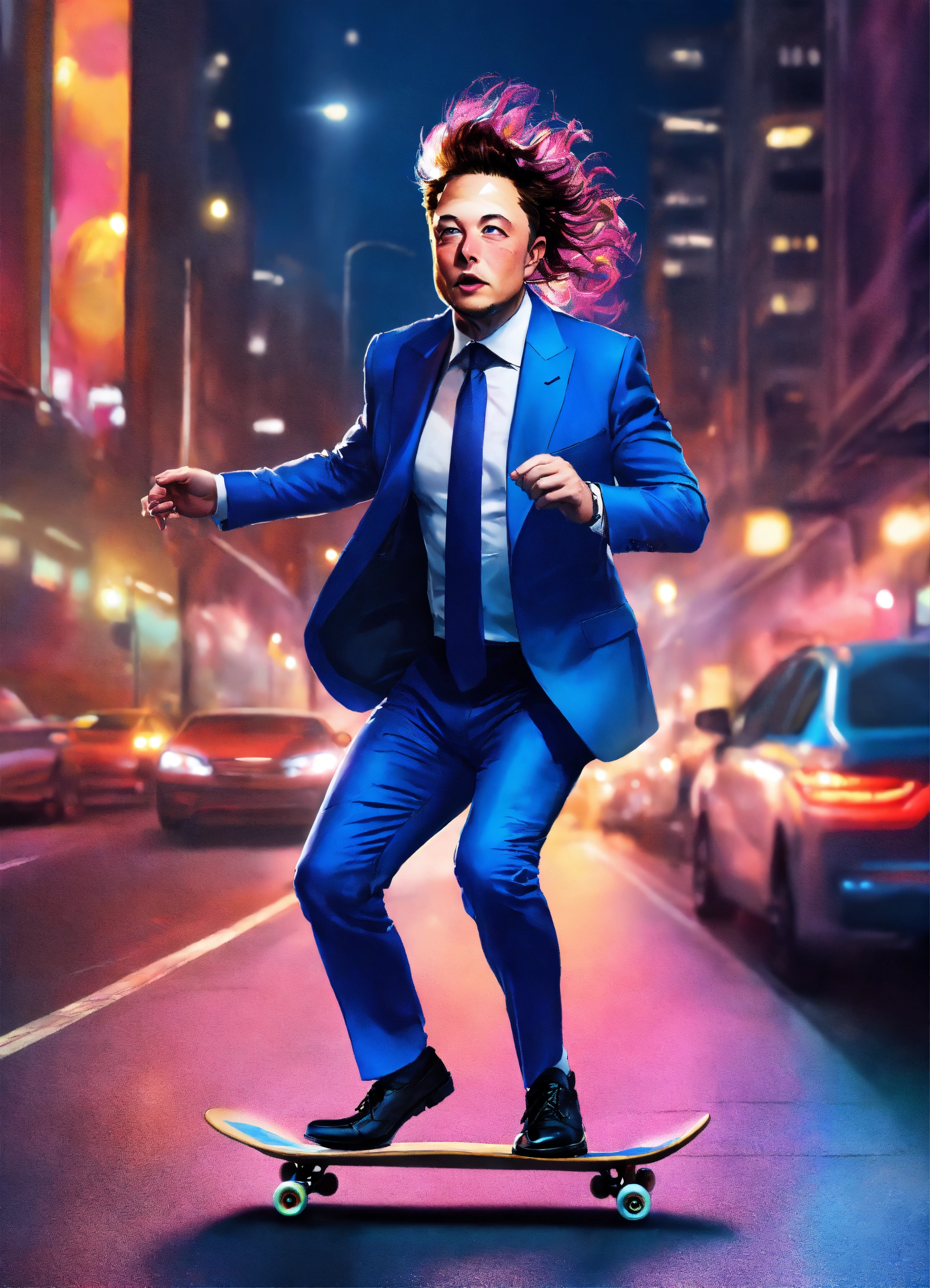 Lexica - An eccentric elon musk with wild hair in a blue suit riding a ...
