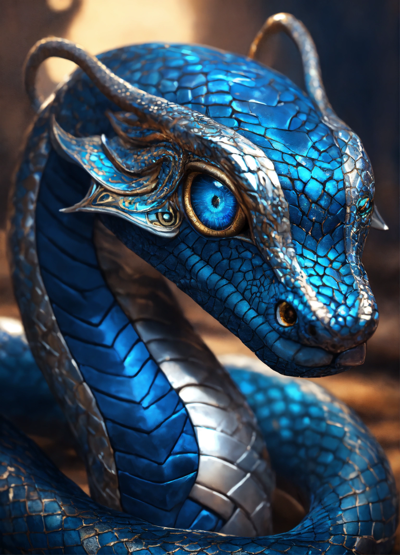 Lexica - A cute serpent in blue and silver, dazzling eyes and a third ...