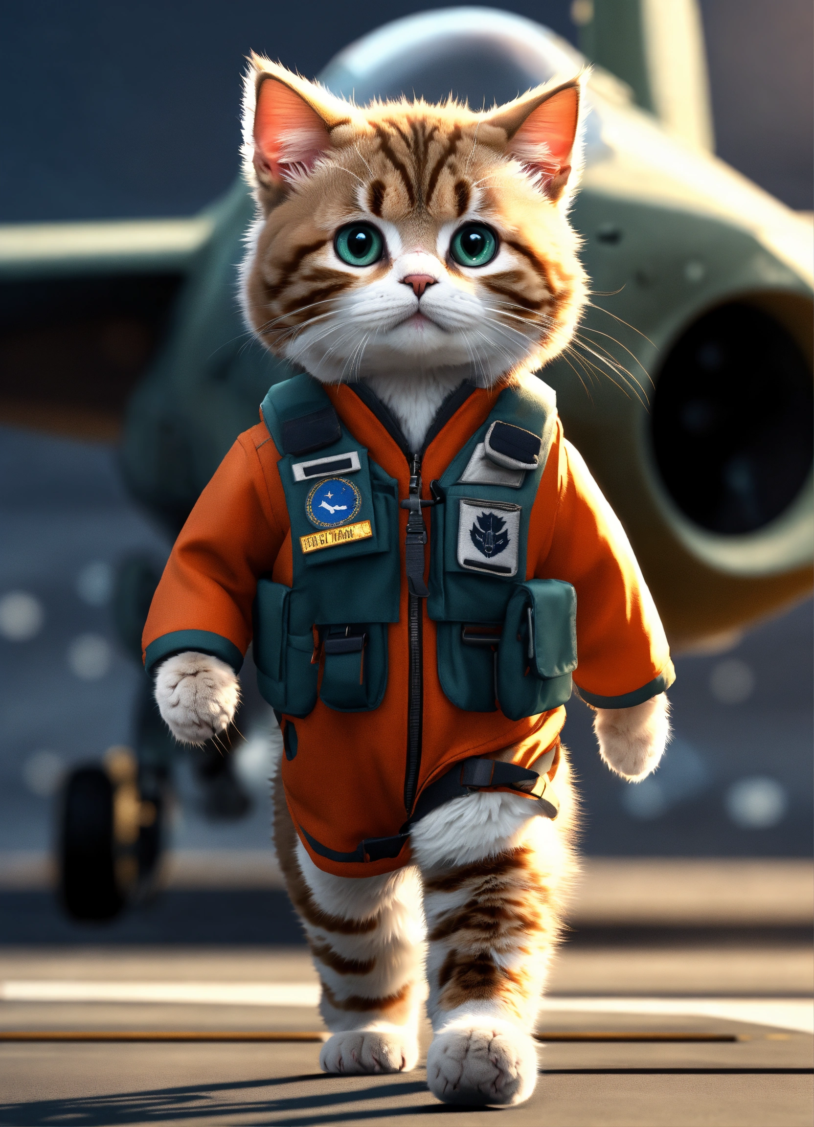 Lexica - A cute fluffy cat pilot walking on a military aircraft carrier ...
