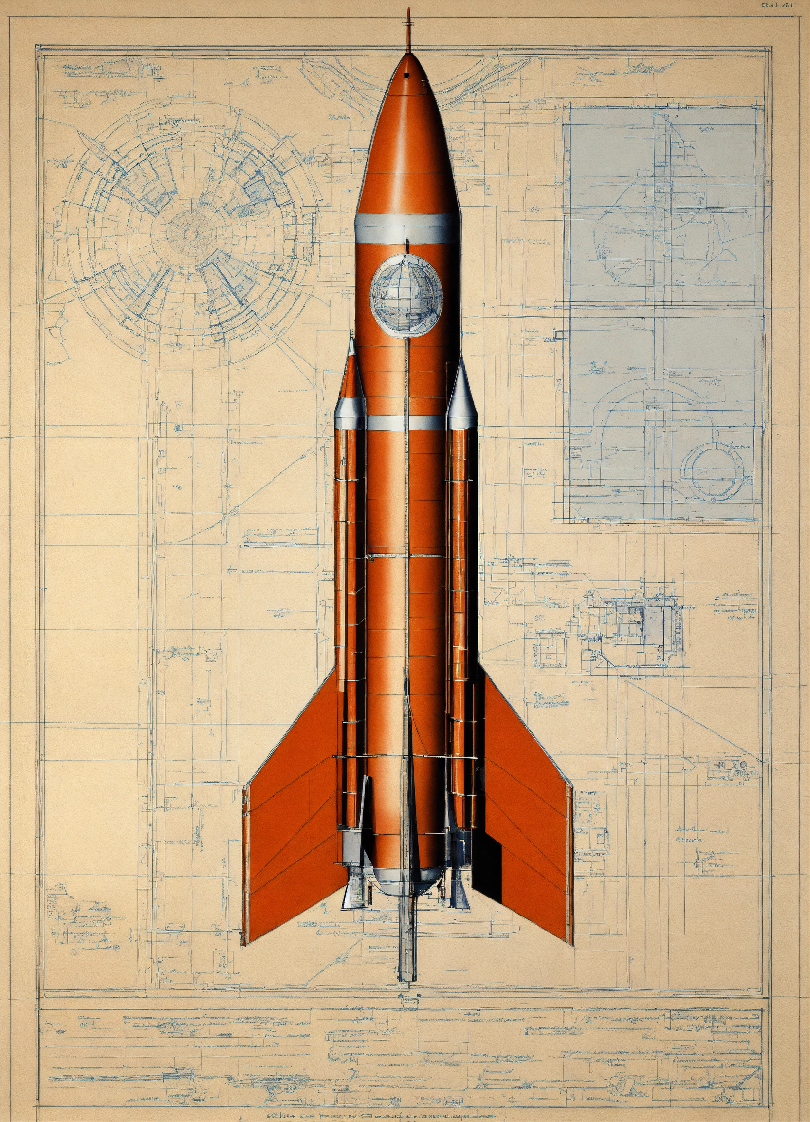 Lexica - A drawing of a rocket sitting on top of a blueprint, a ...