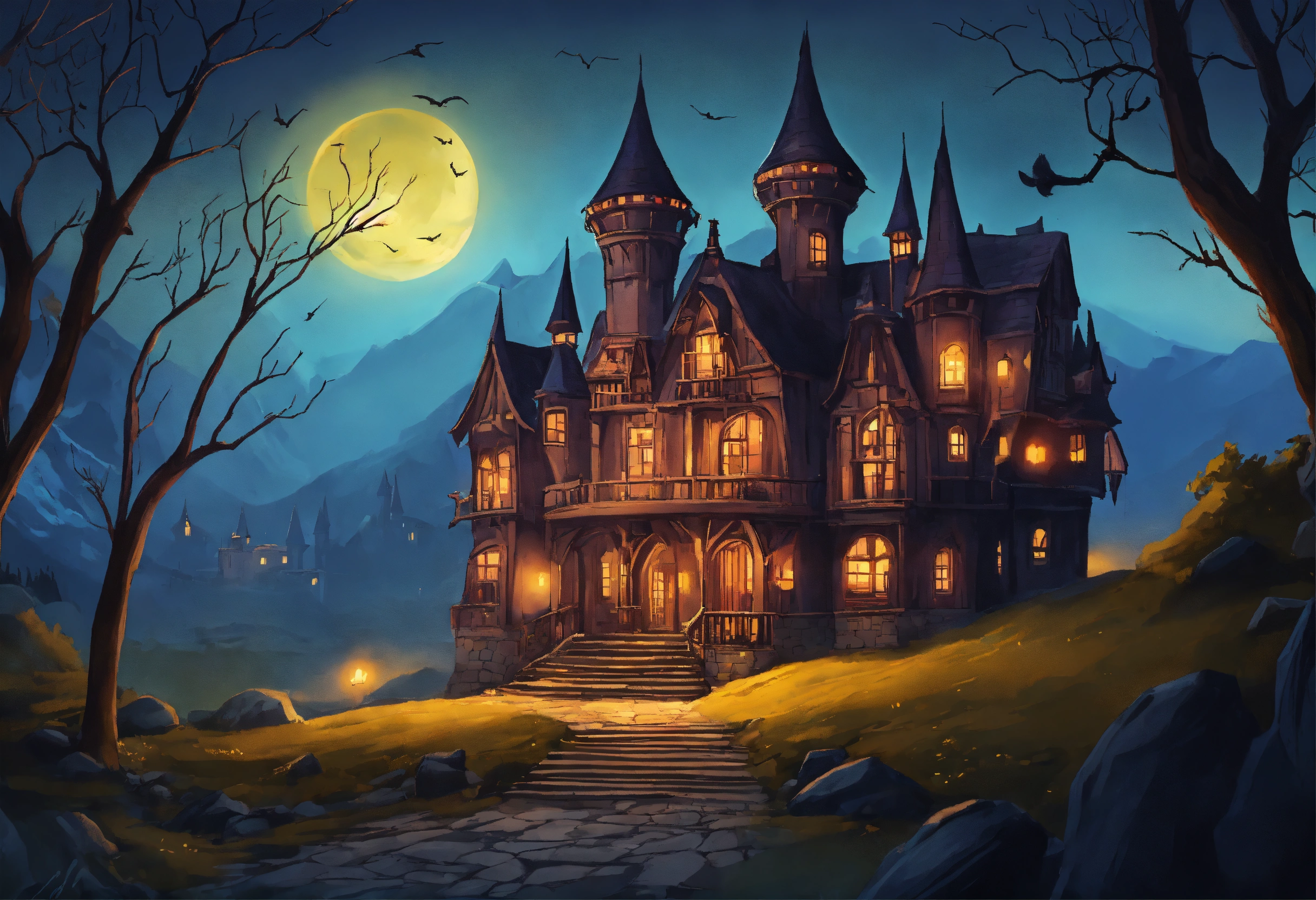 Lexica - Cartoon fairy taie style image witch scary big castle hall ...