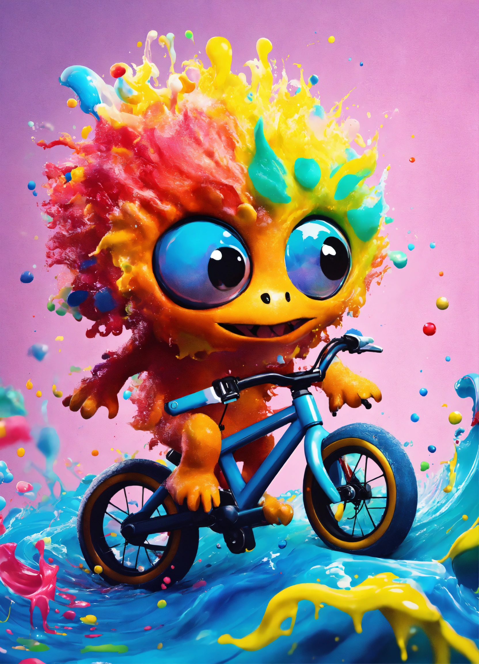 Lexica - A cute baby monster in a bicycle raid a wave made of paint of ...