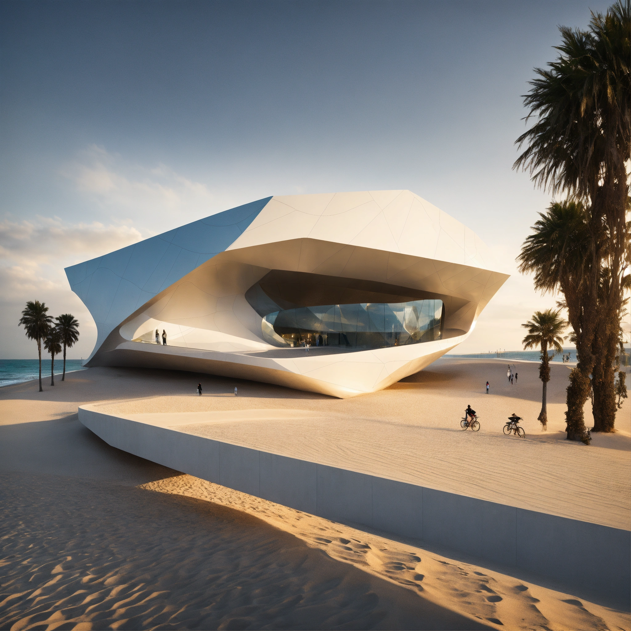Lexica - Zaha Hadid minimalist museum at the beach made of diamond.