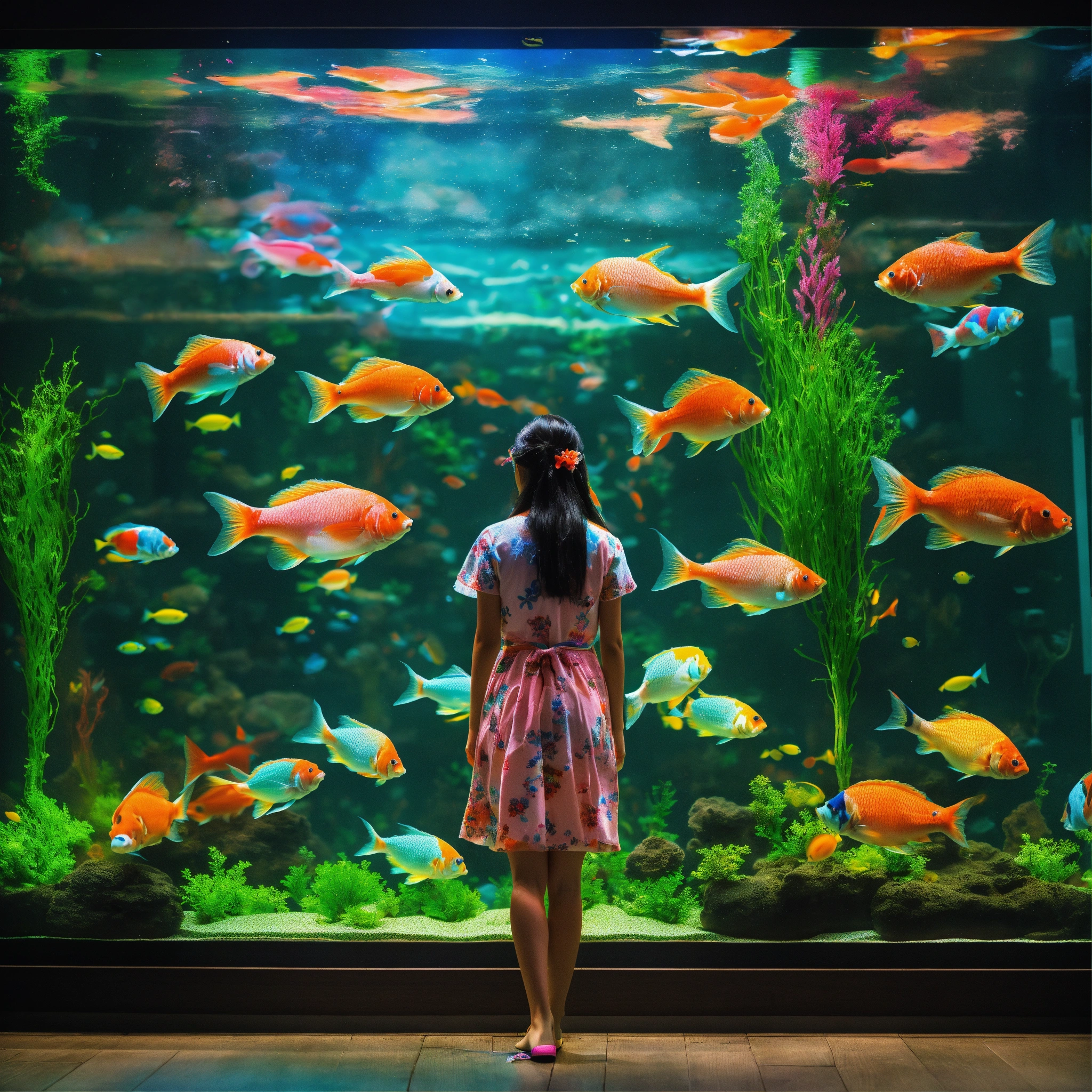 Lexica - An asian girl stands behind a large fish tank, we see her ...