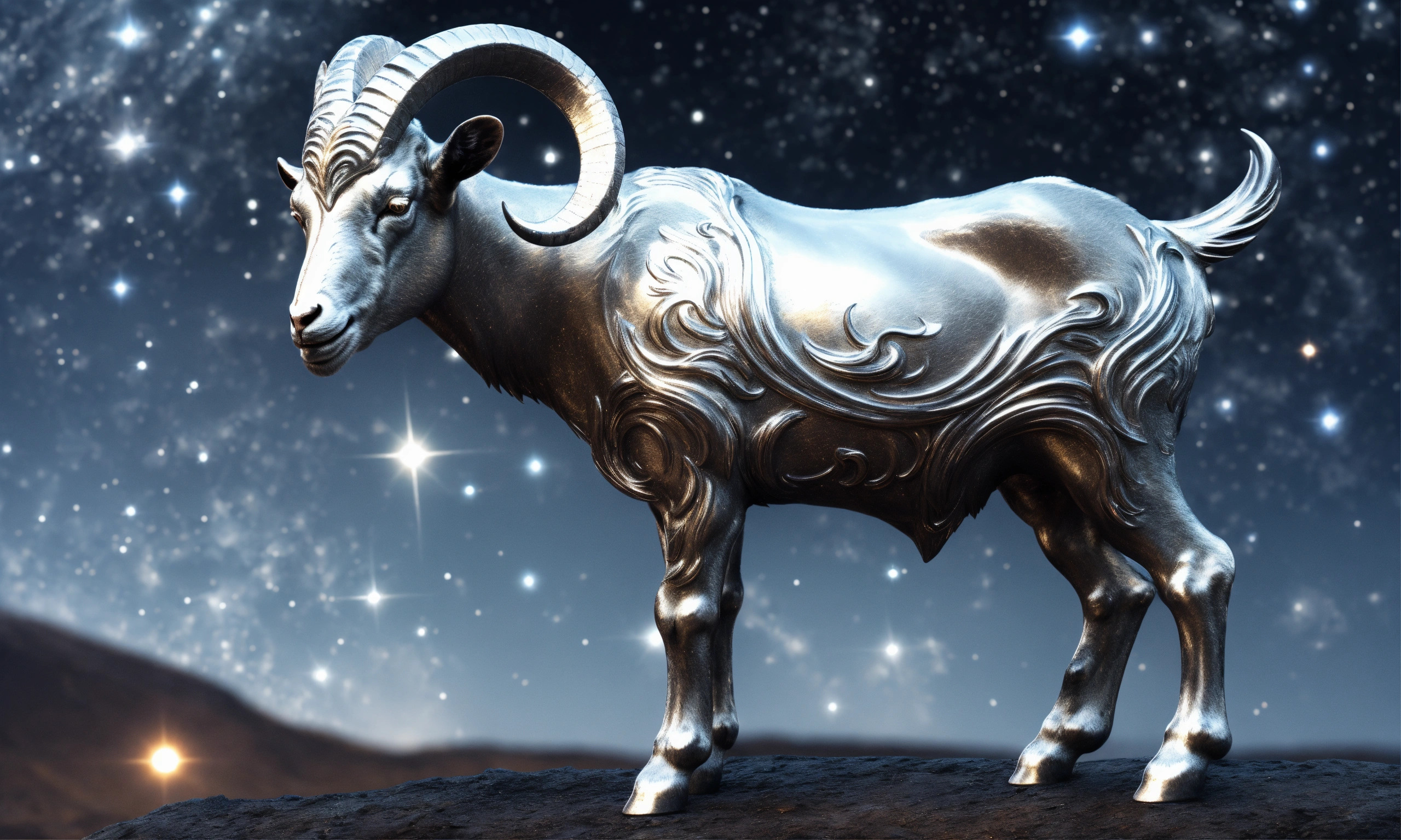 Lexica - Silver goat, zodiac sign, white, silver, universe background ...