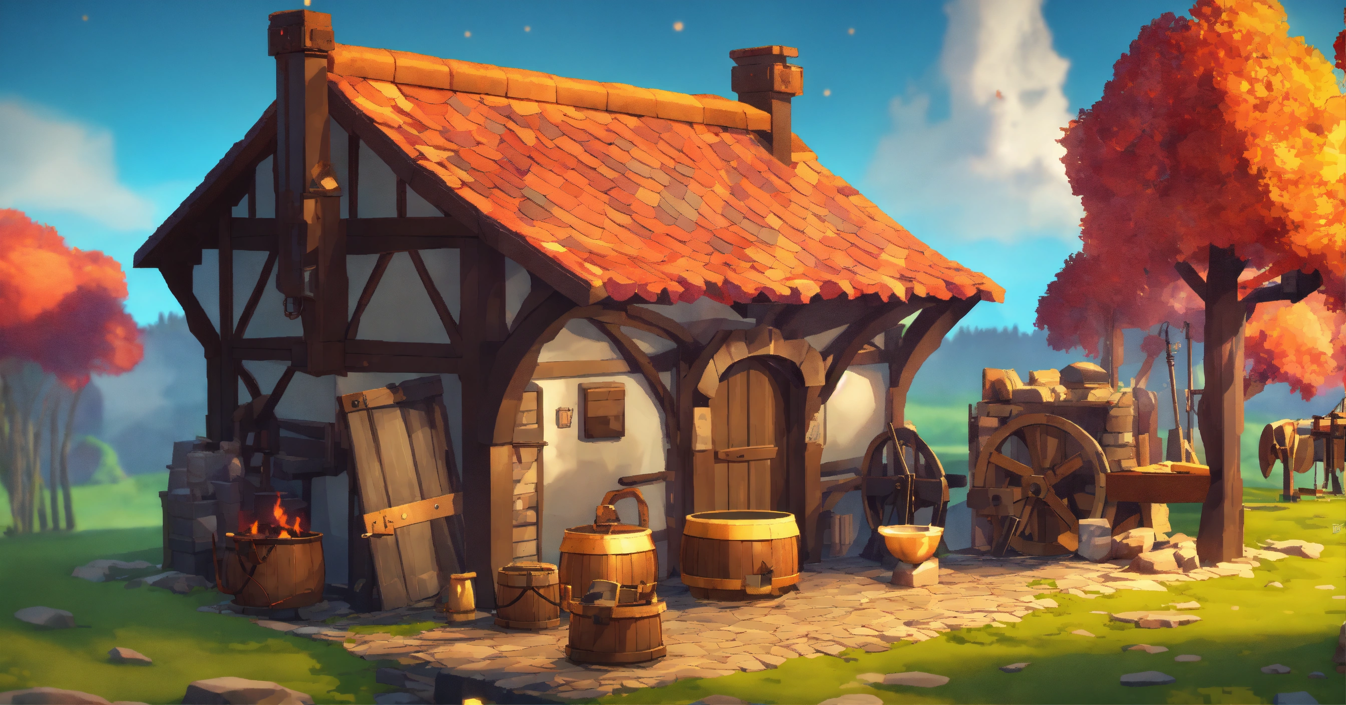 Lexica - Game art, blacksmith forge, isometric, full view, outside view ...