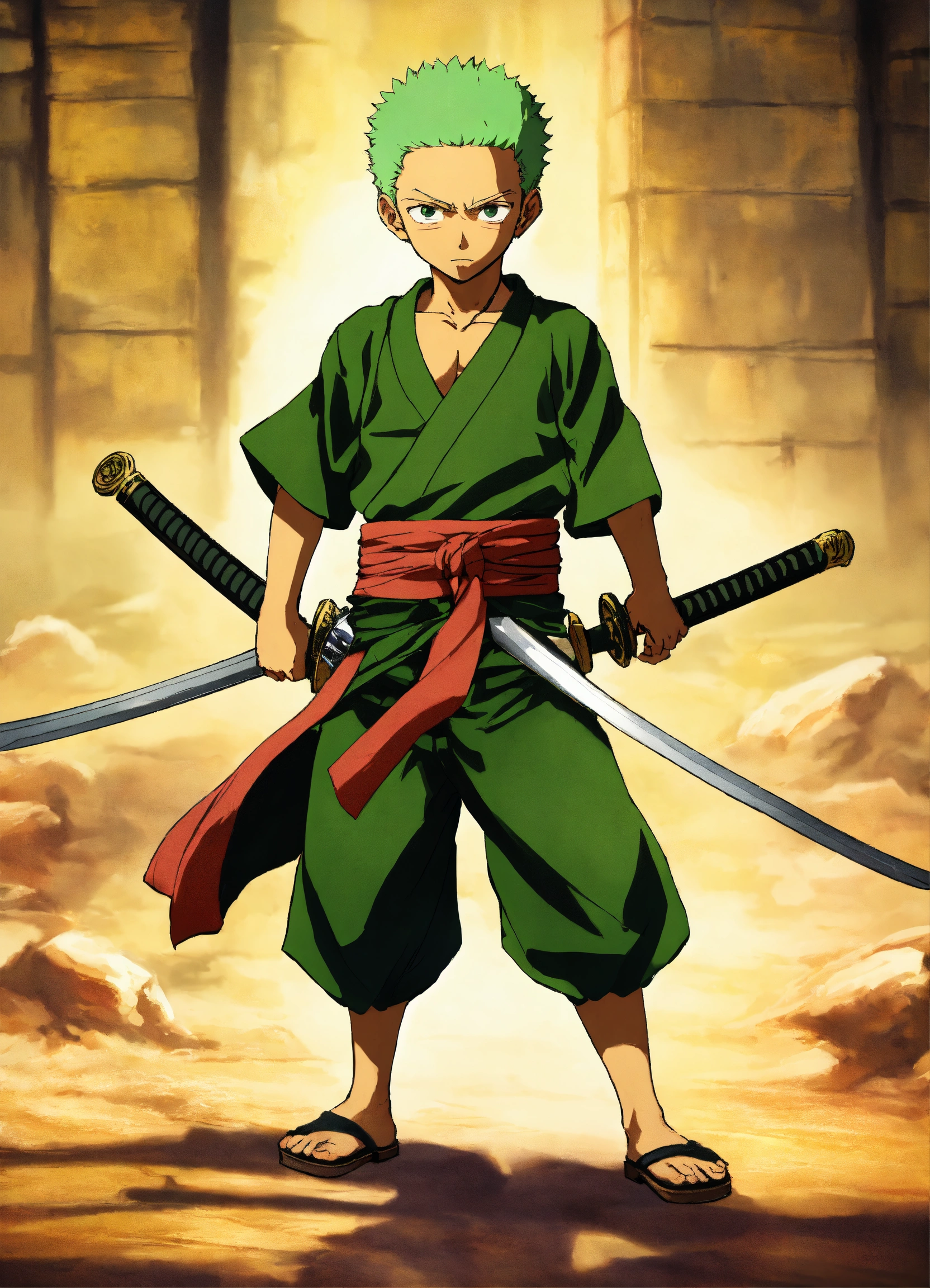 Lexica - Image of roronoa zoro child with his bandana and two swords