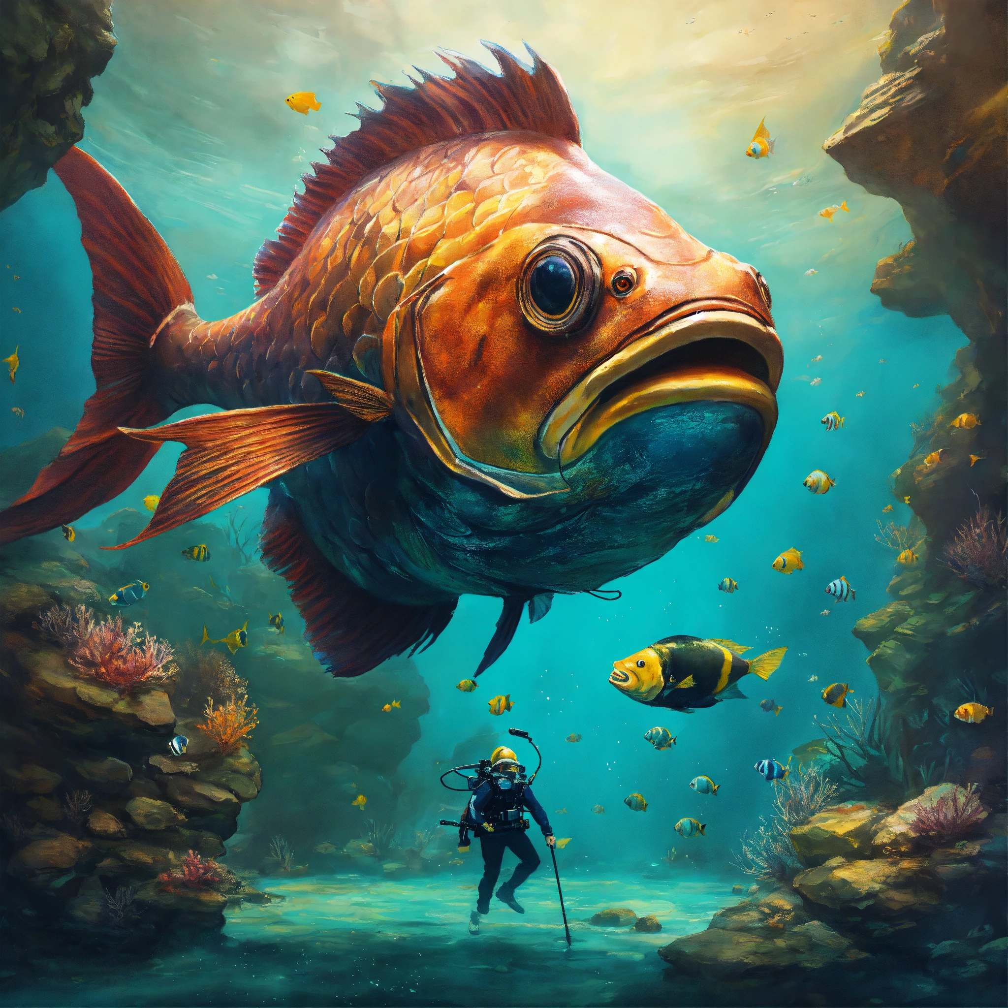 Lexica - Concept art of a big scary fish made out of rock next to tiny ...