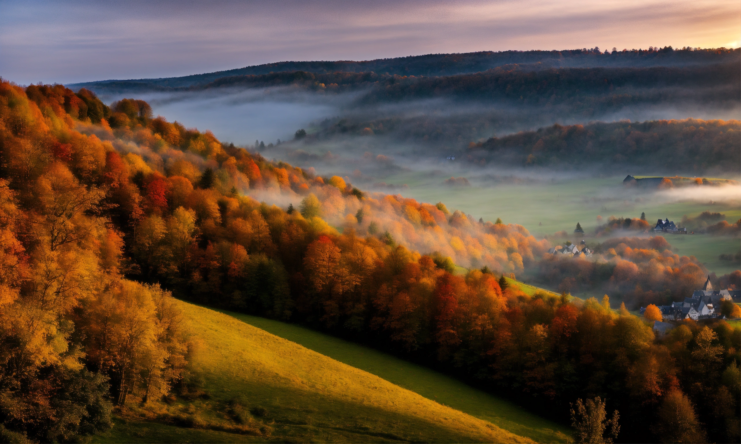 Lexica - Foggy landscape of Belgian Ardennes during fall at dusk