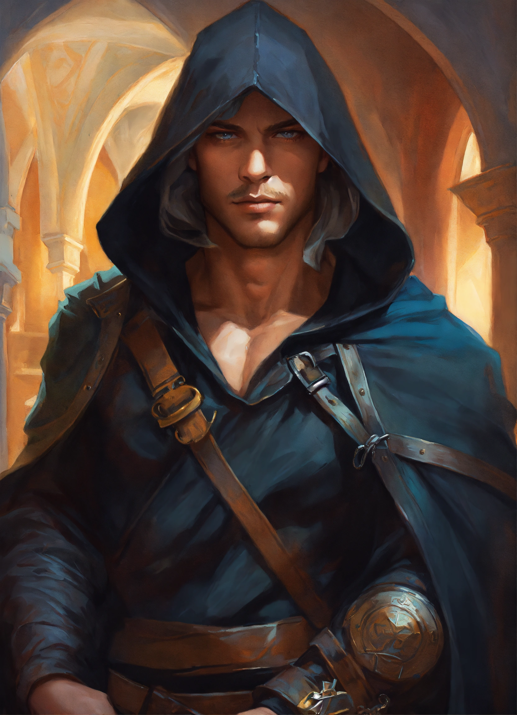 Lexica - Fantasy Painting, medieval male mystic Thief in black hood ...