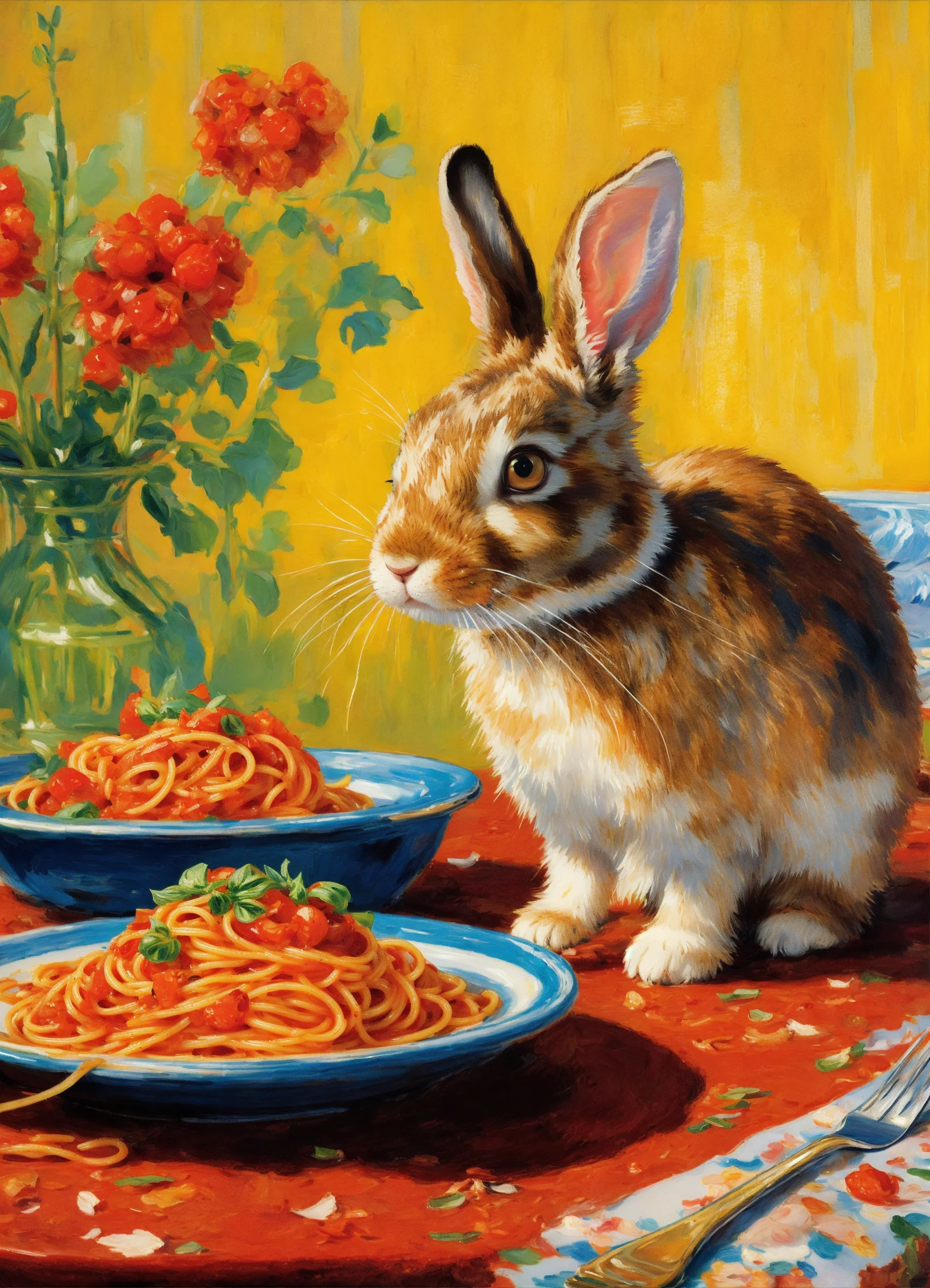 Lexica - A cute tabby rabbit eating messy spaghetti with tomato sauce ...