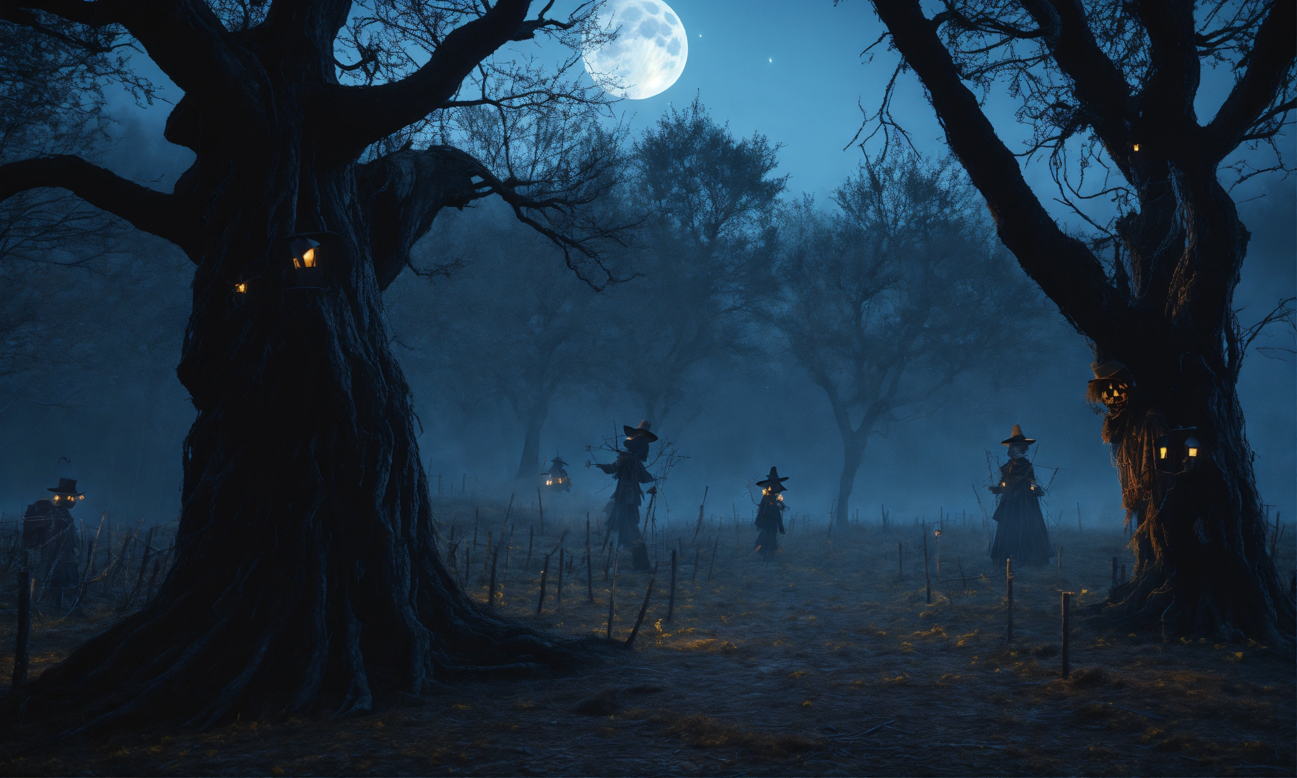 Lexica - 3D black creepy trees haunted scarecrows in a wicked forest ...