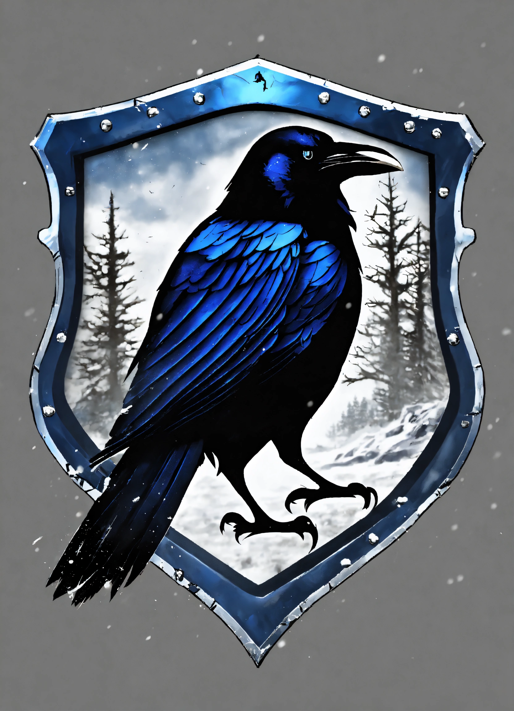 Lexica - Angry, raven logo, snow style, metal, black and blue, shield