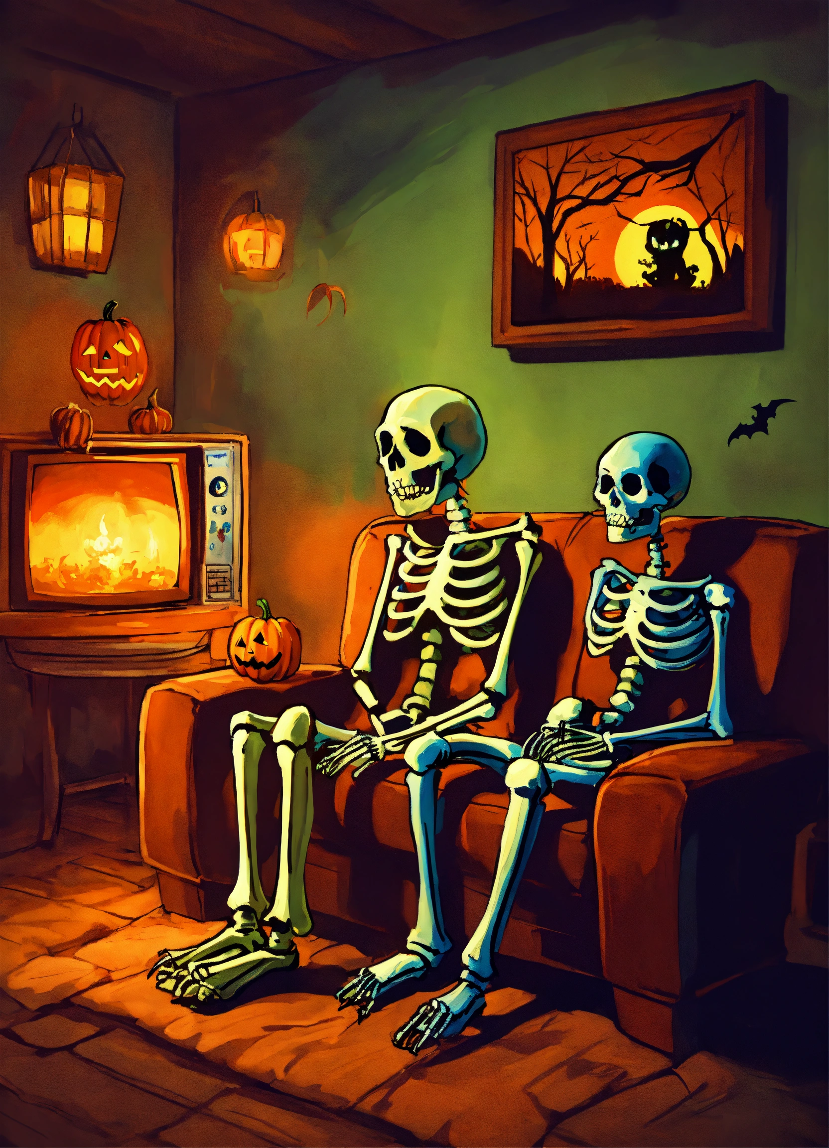 Lexica - A painting of a lazy skeleton and monster watching television ...