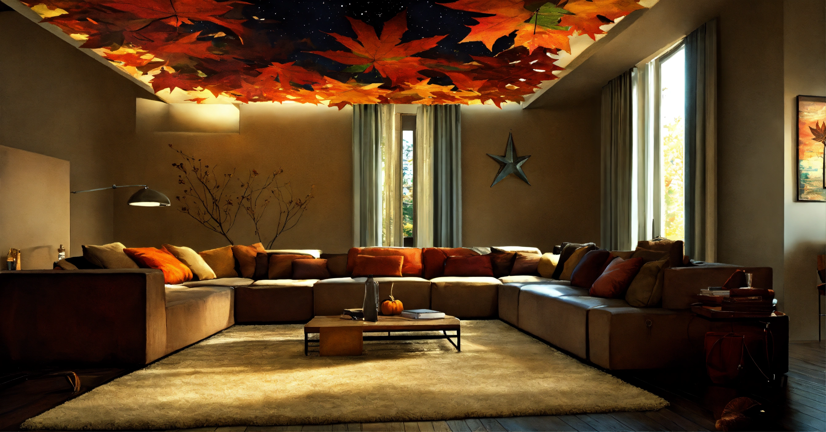 Lexica - Fall leaf living room, fuzzy leaf rug, big couch, grafitti ...