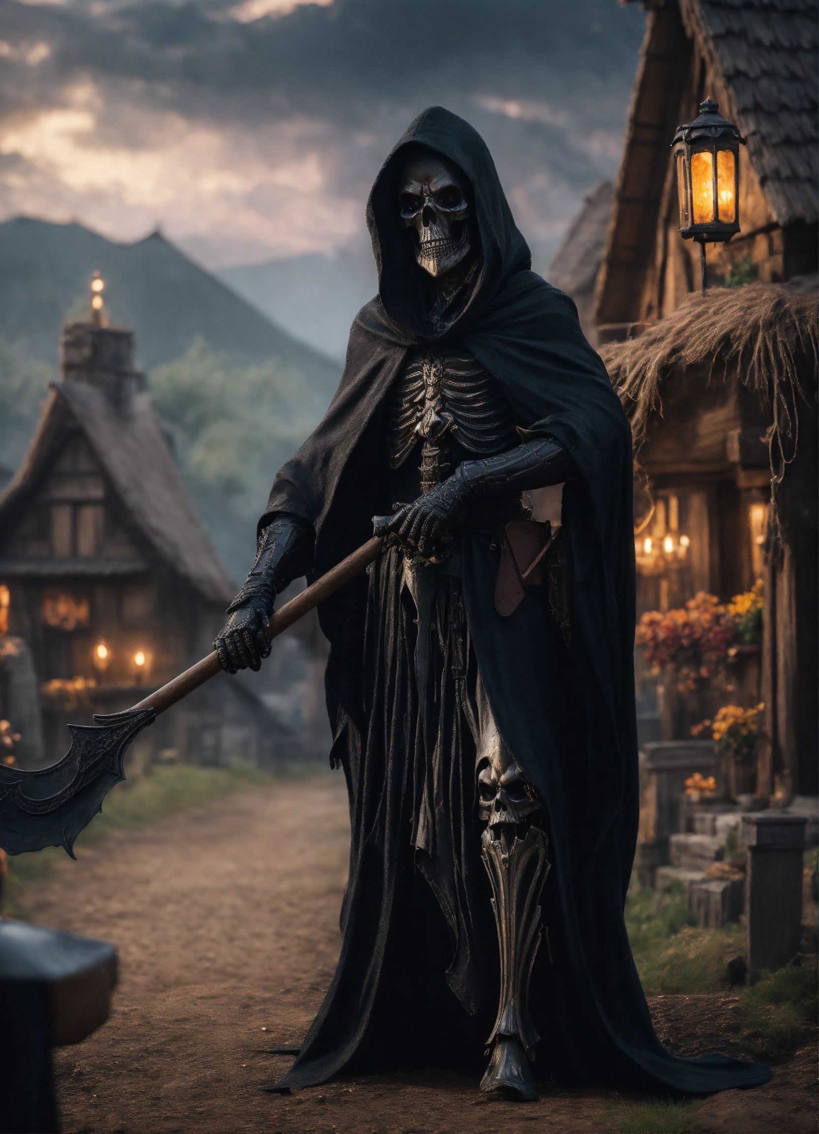 Lexica - Grim reaper, fantasy village, best quality, full body portrait ...